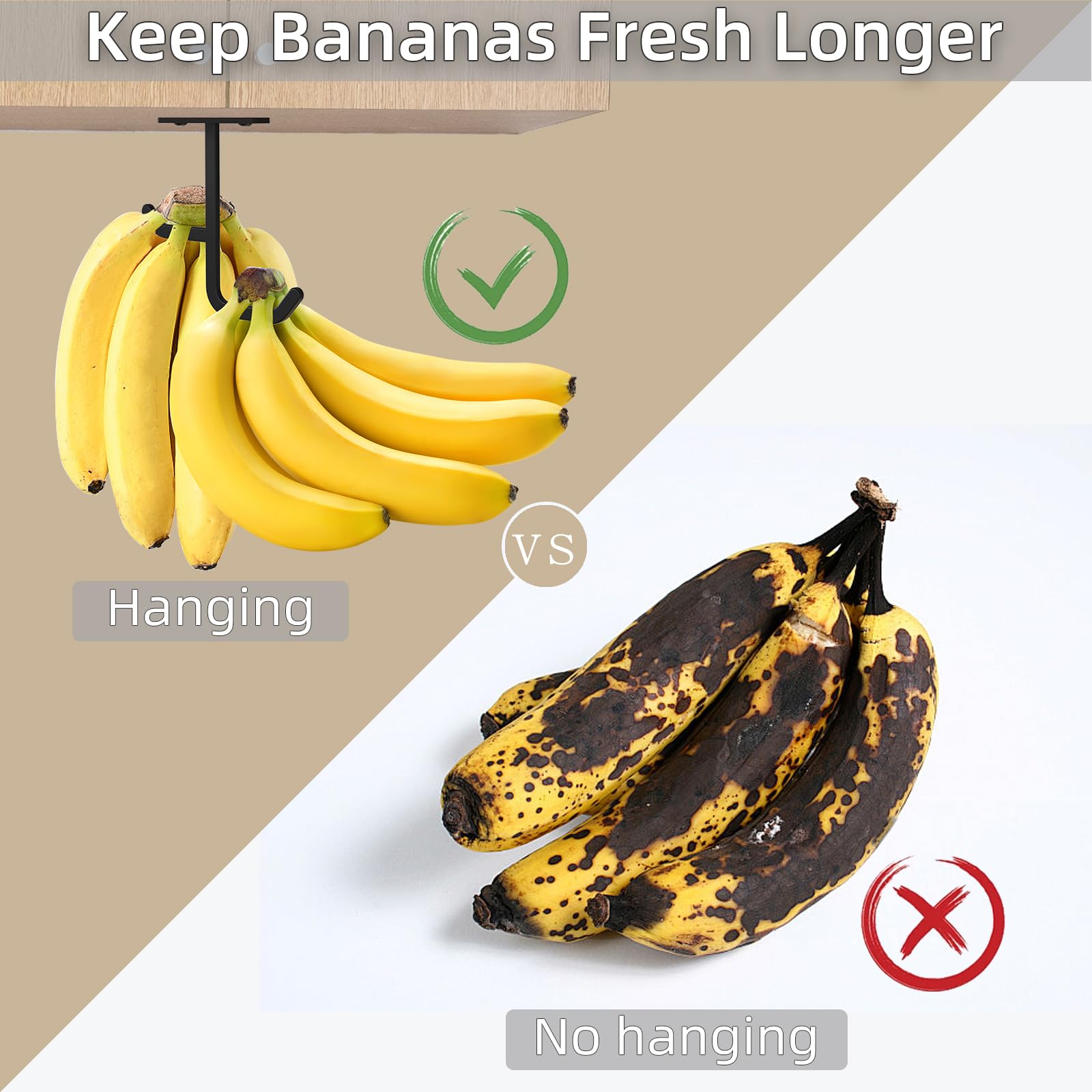 YTAIMITOP Banana Hook Under Cabinet, Banana Hanger to Keep Bananas Fresh, Metal Banana Holder Hook Under Cabinet, Space Saving, Screw-Mounted Black