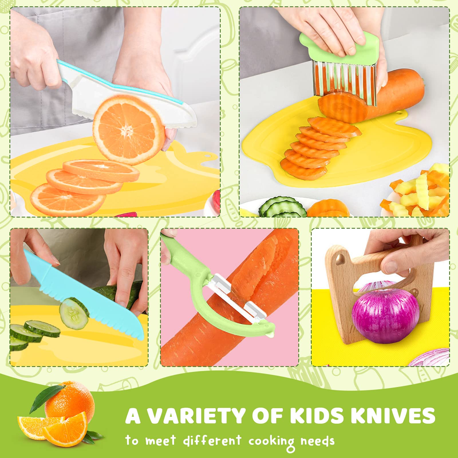 TinyHalo 11 Pcs Wooden Kids Kitchen Knife, Kids Knife Set with Cutting Board Fruit Vegetable Crinkle Cutters Serrated Edges Plastic Toddler Knifes for Real Cooking Kid Safe Knivesā¦