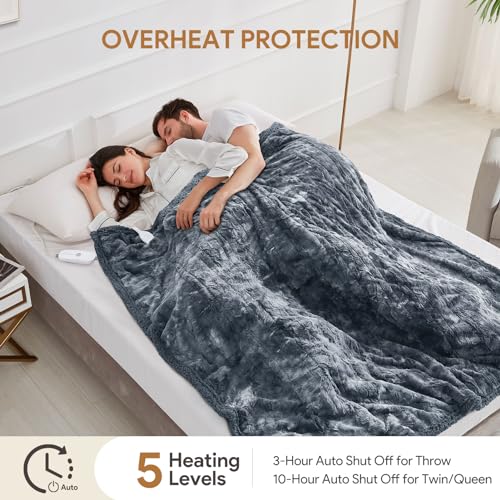 Maple&Stone Heated Blanket Electric Queen Dual Control Faux Fur Fast Heating Electric Blanket,5 Heat Settings Heating Blanket & 10 Hours Auto-Off Timing Settings (84 x 90 inches,Grey)