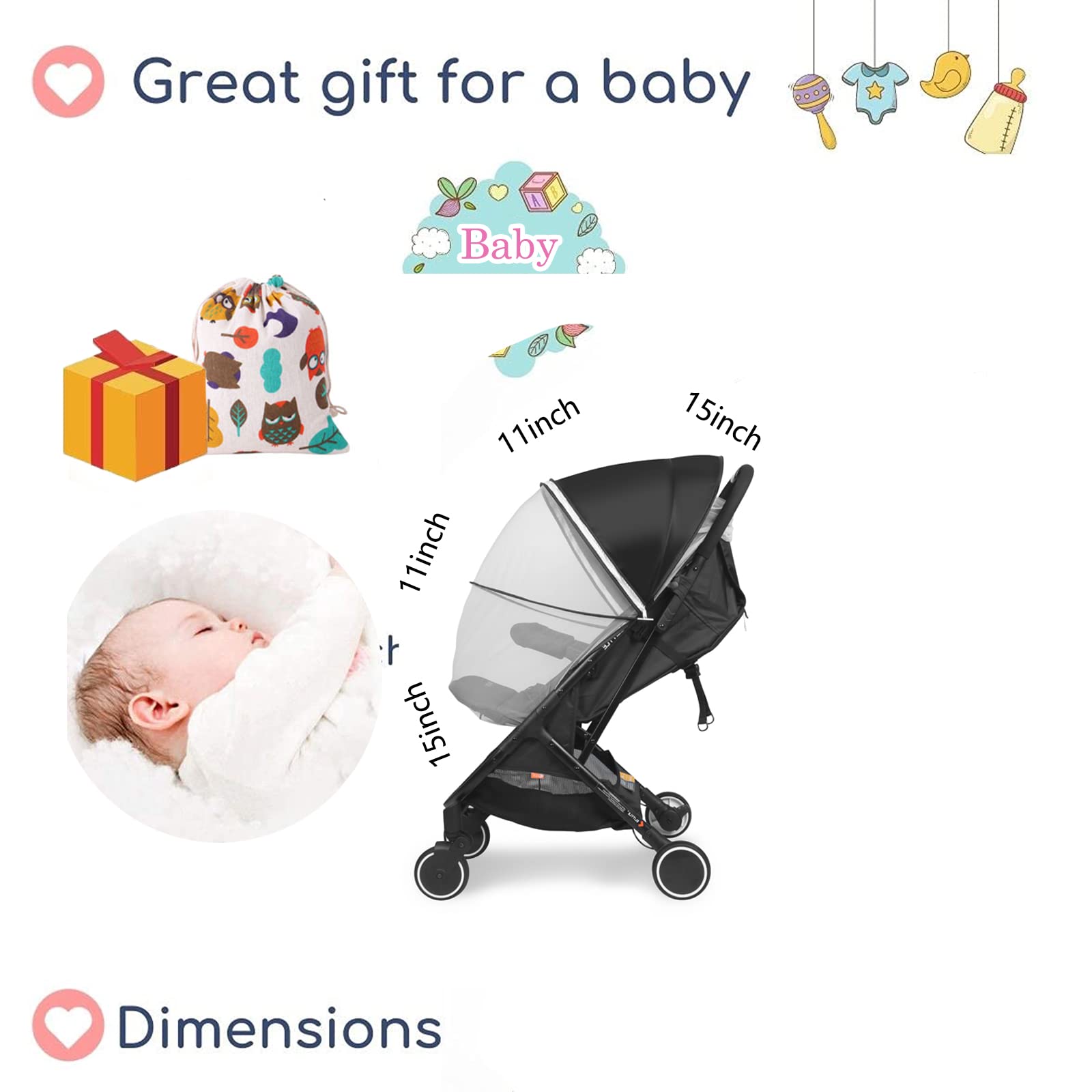 Stroller Sun Shade and Mosquito Net for Stroller ，Sun Protection Baby Mosquito Net Bug Insect Mesh Net Netting Mesh Cover for Strollers, Car Seat,Bassinet,Cradle （Gray）