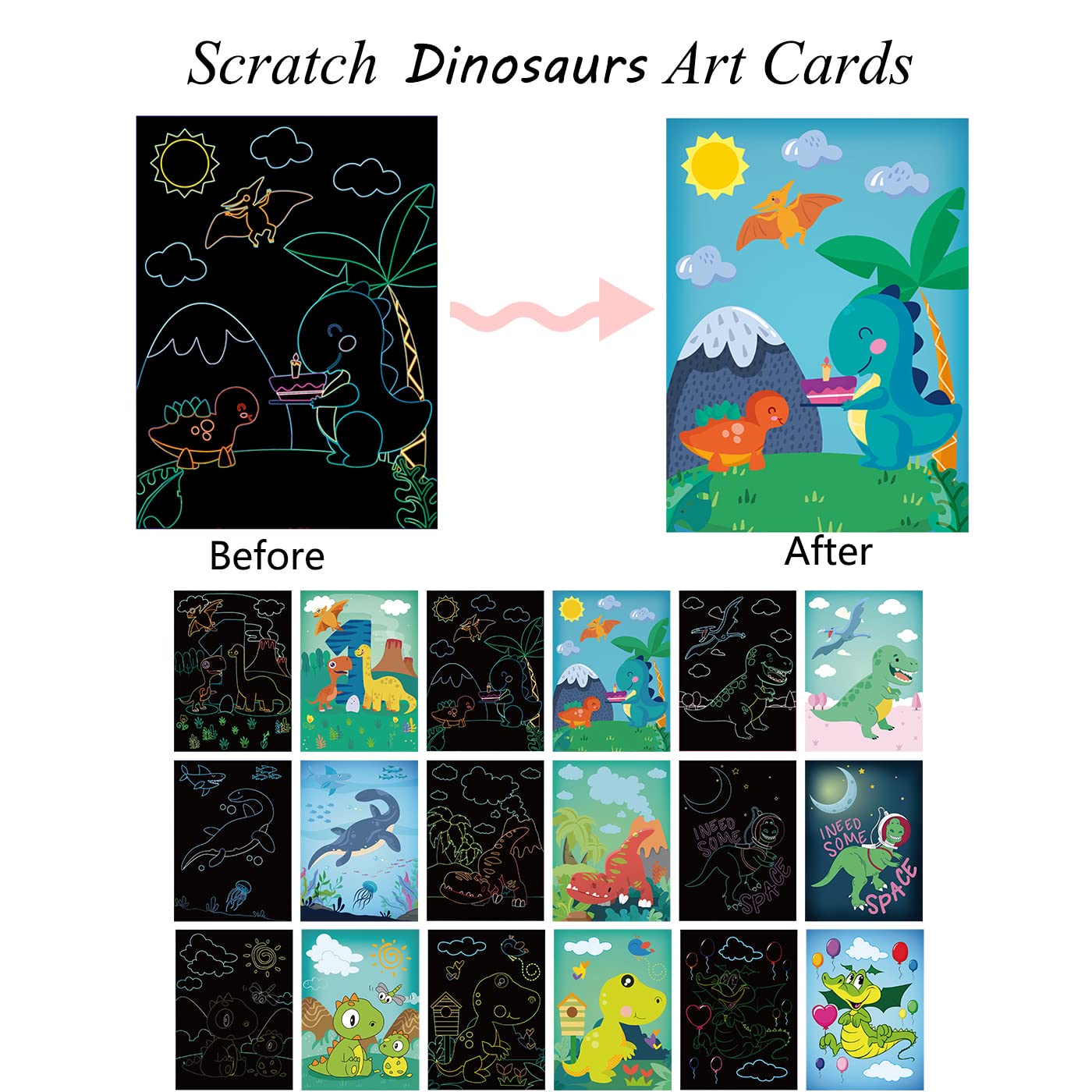 SuyuanArt 3 Set Magic Scratch Paper Art, Colorful Magic Drawing Art Book with 3 Scratch Pen for Birthday Halloween Christmas Party Dinosaurs Games Projects Kits