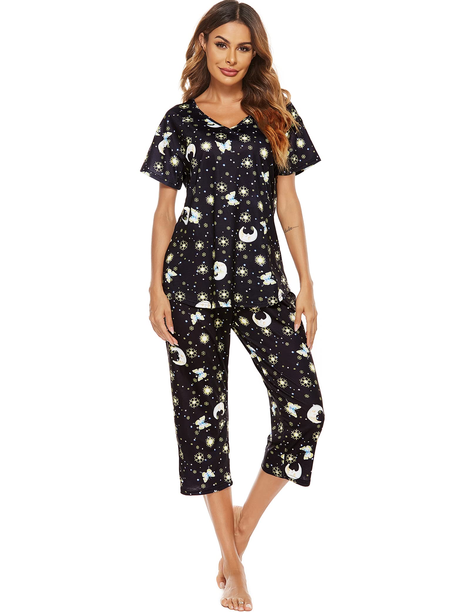 LOCUBE Women's Pajama Sets Lounge Wear Set Short Sleeve Tops and Cropped Pants Pj (Black, Large)