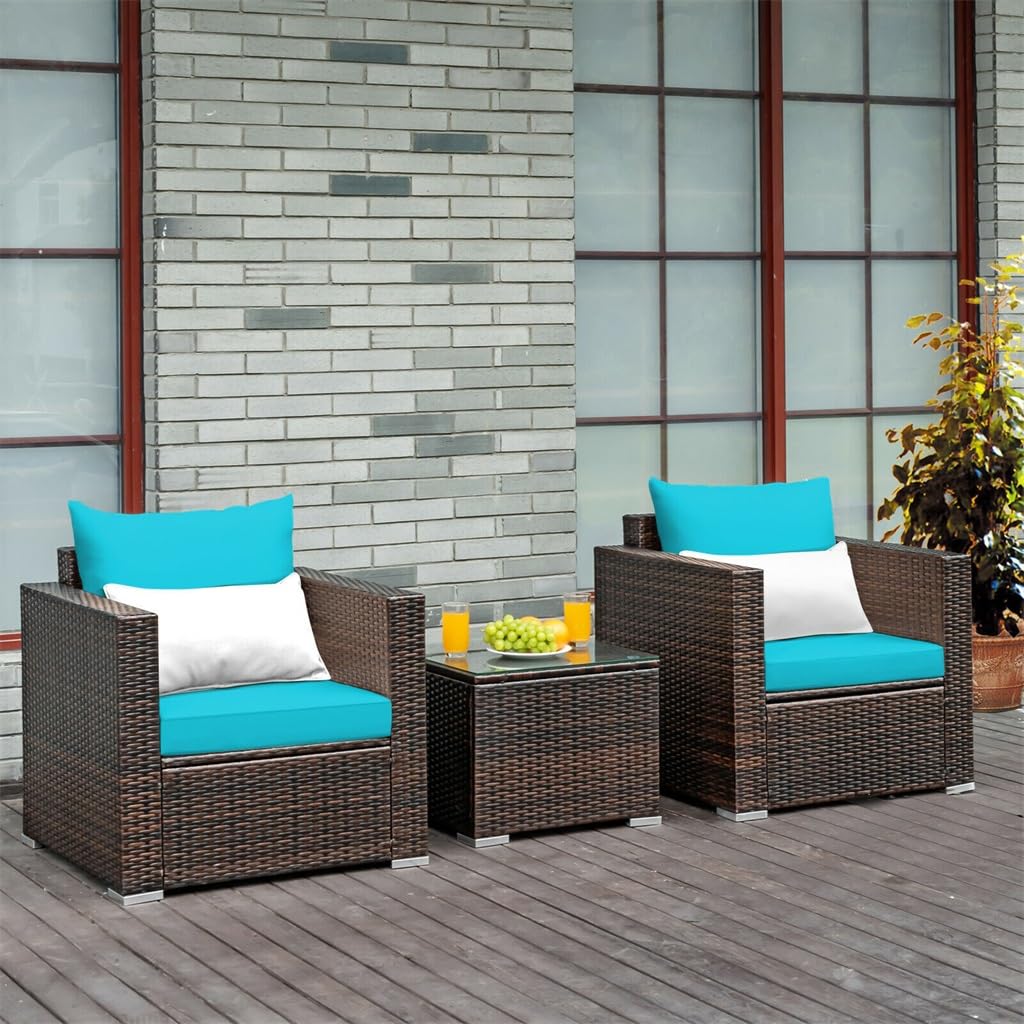 LIUZH 3PCS Patio Rattan Furniture Set Conversation Sofa Cushioned Turquoise