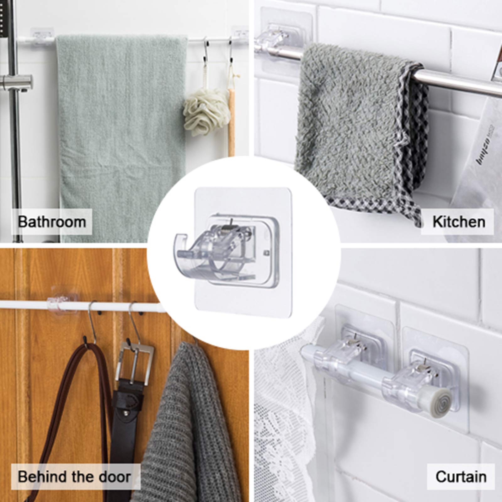 MCJS 8 Pieces Self Adhesive Curtain Rod Bracket, Transparent Curtain Rod Hooks Drapery Holders, No Drill Fixing Rod Holder, Curtain Pole Wall Brackets Towel Rod for Bathroom Kitchen Home Hotel Use
