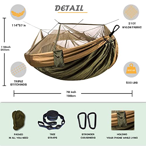 Love Story Camping Hammock with Mosquito Net for 2 Persons Portable & Lightweight Tree Straps Easy to Hang Indoor Outdoor Olive,2 in 1 Multifunction