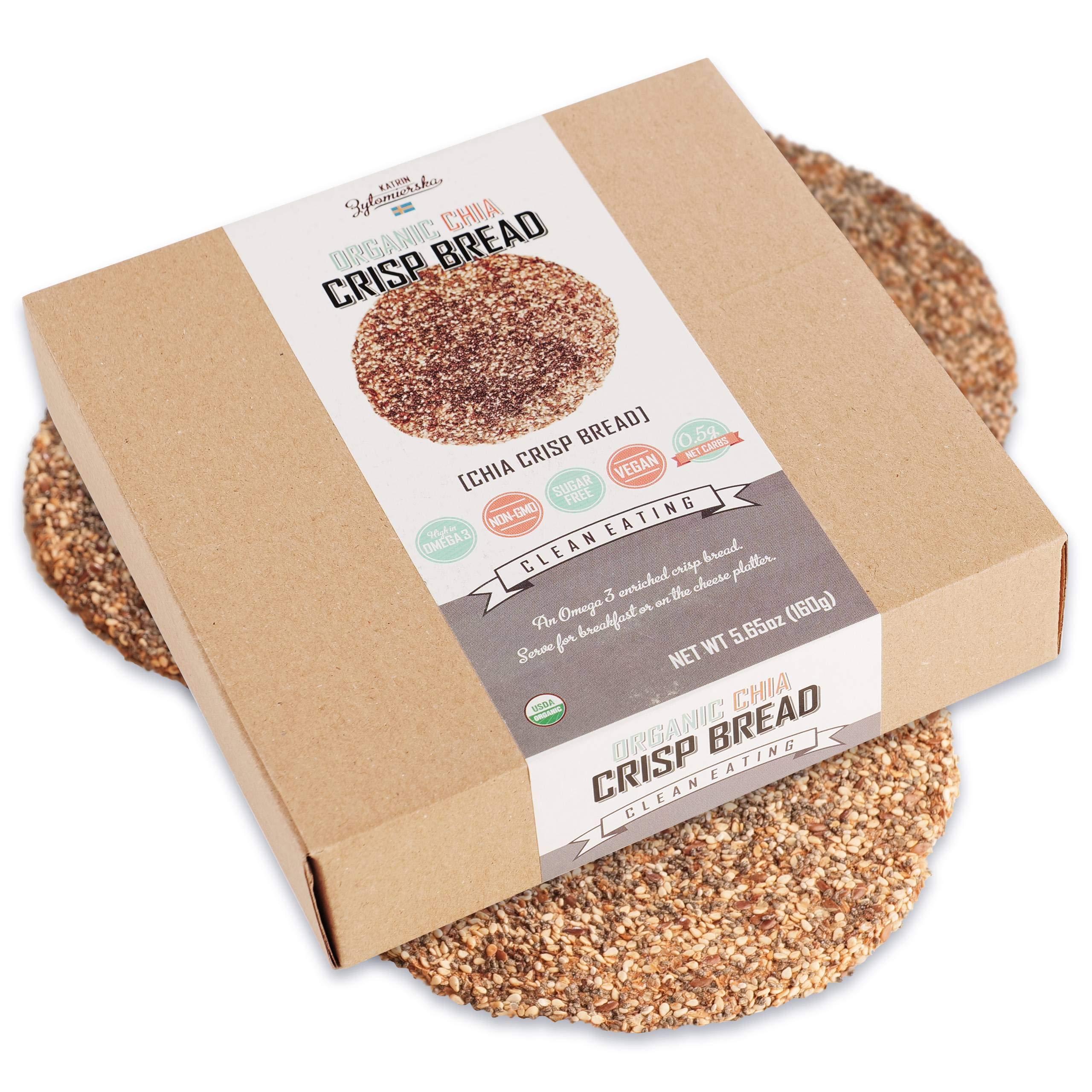 KZ Clean Eating - Organic Swedish Chia Crisp Bread - 160g (5.65oz) - Low Carb Non GMO All Natural High in Omega 3