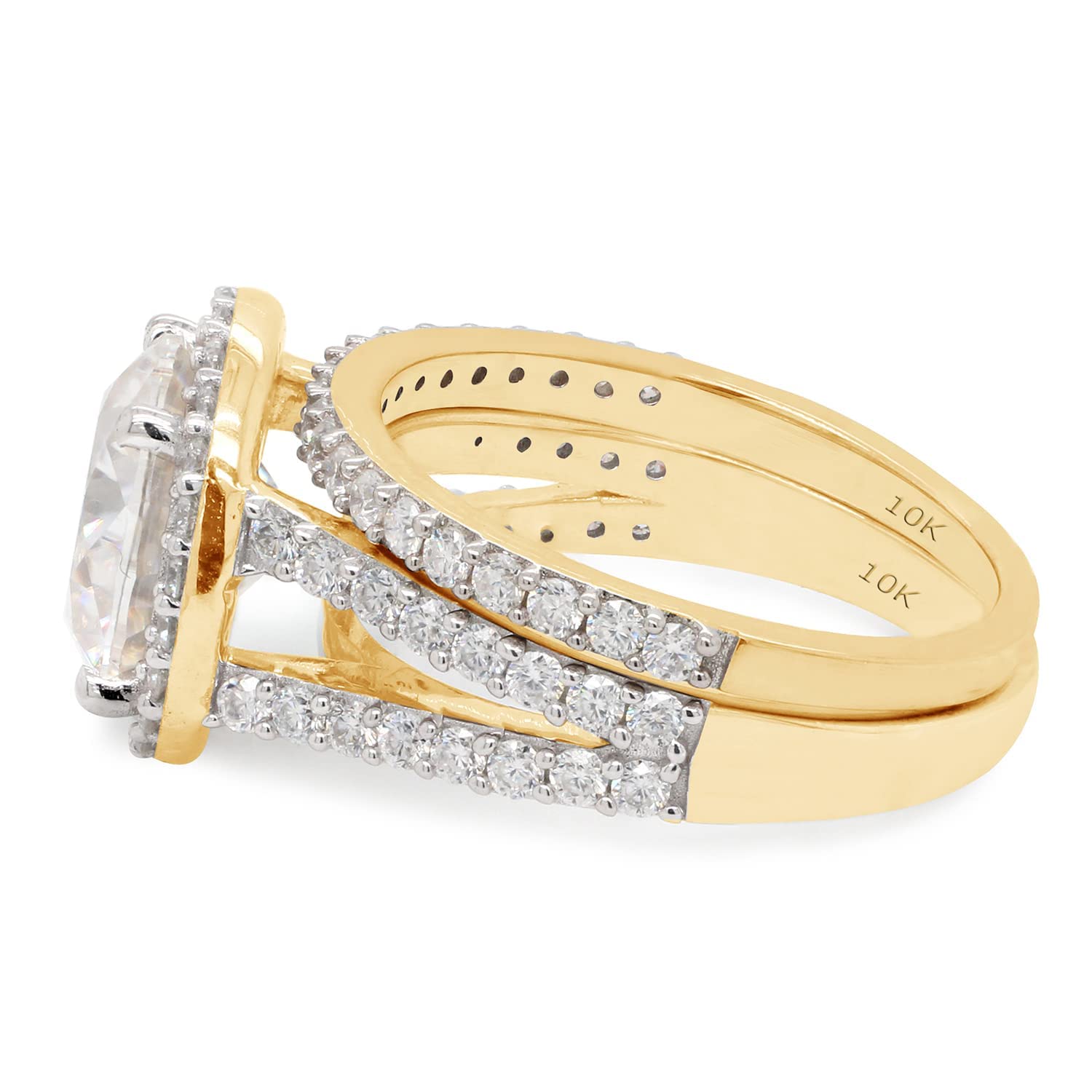 SAVEARTH DIAMONDS Split Shank Design, 4 1/2 cttw Center 10MM Round Cut Lab Created Moissanite Diamond Halo Bridal Set Ring 10K Solid Yellow Gold (VVS1 Clarity, 4.50 Cttw)-7.5