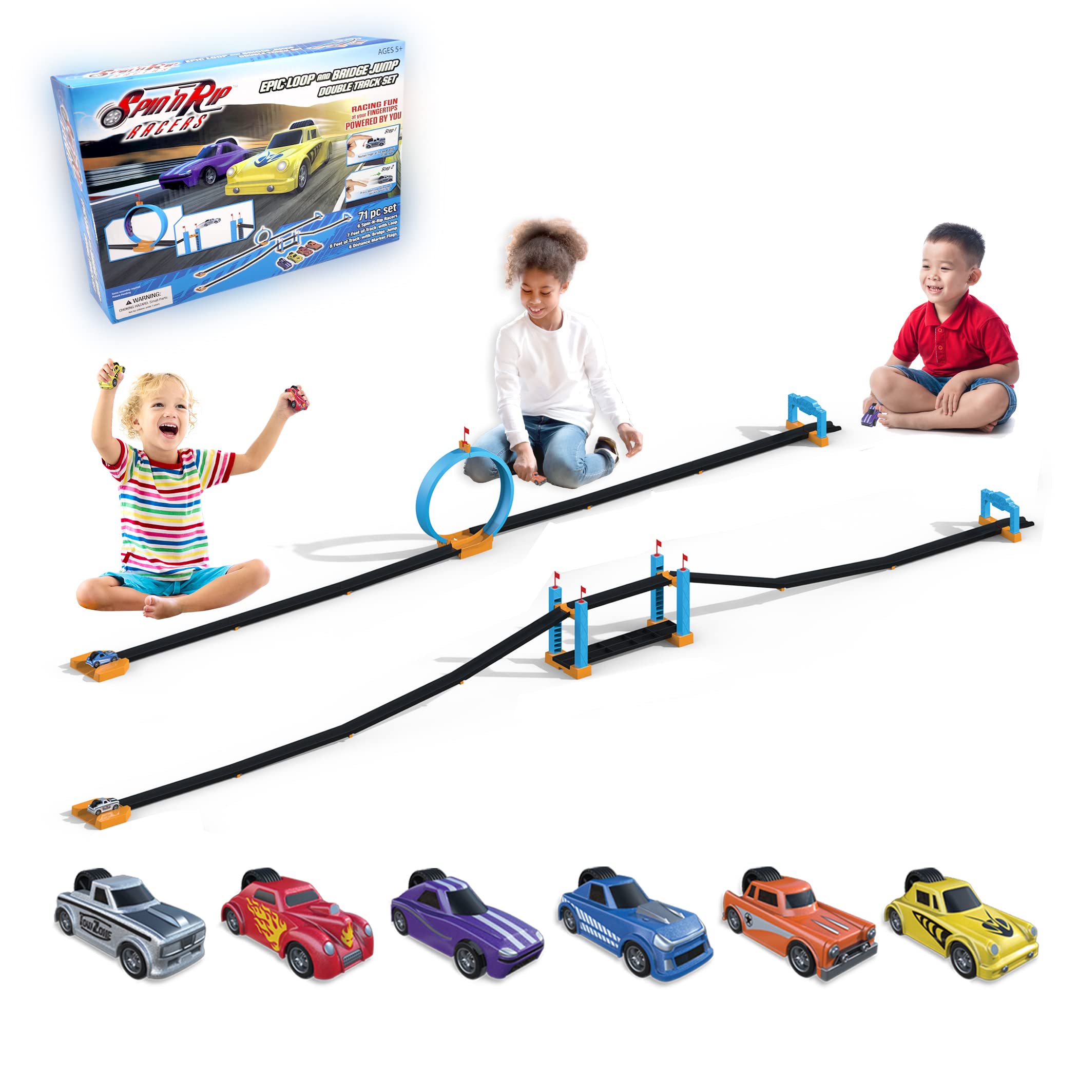 Spin 'n Rip Racers Loop and Bridge Jump Mega Track Set. 6 Toy Cars and Racetrack Included. Racing Fun at Your Fingertips Powered by You