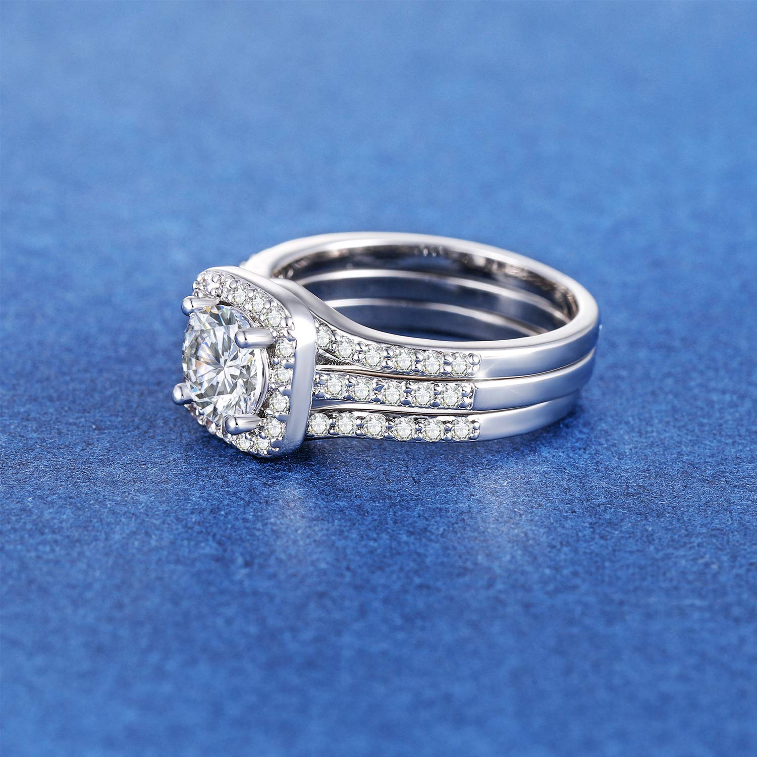 MDFUN 18K White Gold Plated Cubic Zirconia Three-in-One Halo Wedding Engagement Promise Eternity Ring for Women (10)