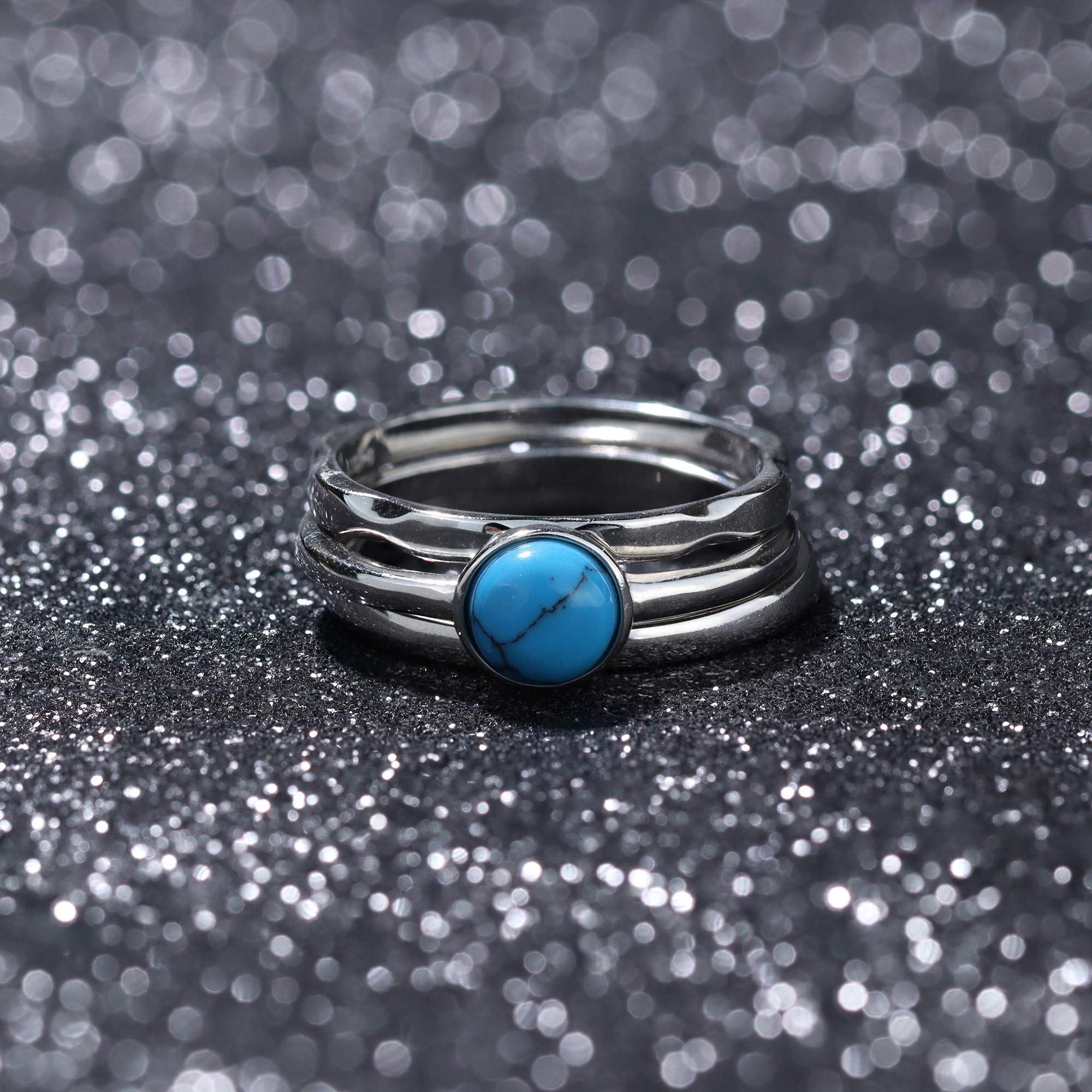 MILACOLATO 3Pcs 925 Sterling Silver Turquoise Hammered Band Stackable Ring Set for Women Platinum Plating Smooth Fashion Midi Rings Comfort Fit Size 5 to 9, 7