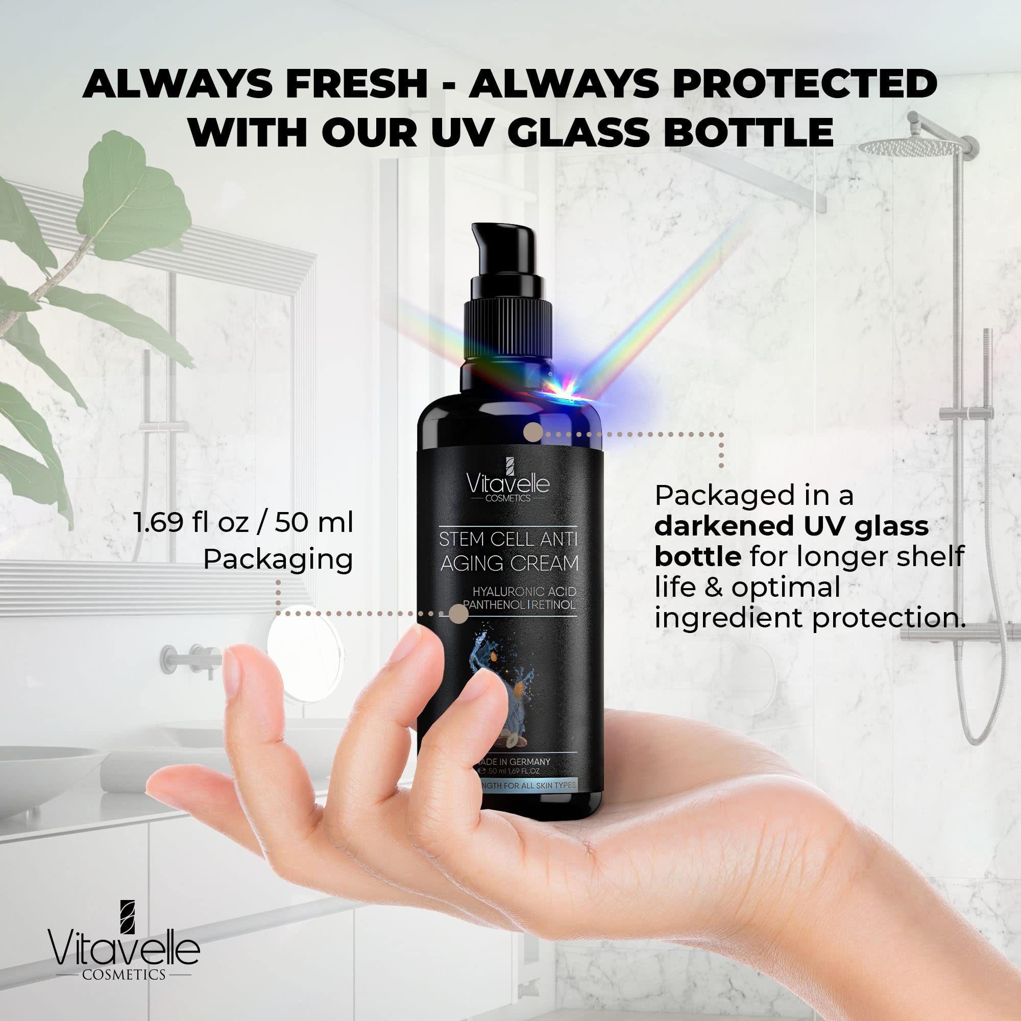 VITAVELLE Stem Cell Face Cream - Hyaluronic Acid, Shea Butter & Jojoba - Anti-Wrinkle, Hydrating Moisturizer for Smooth Skin