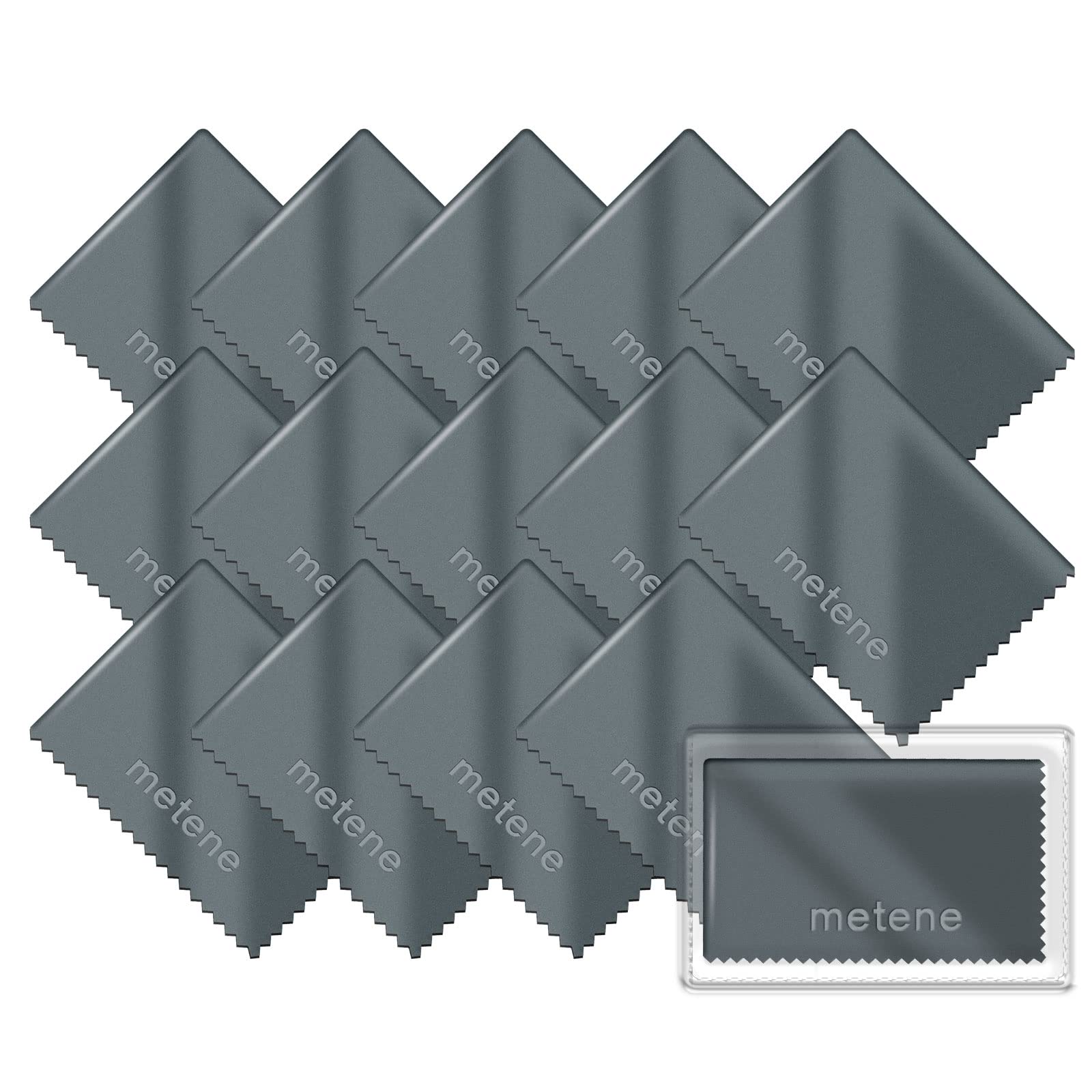 Metene 15 Pack Microfiber Cleaning Cloths (6"x7") in Individual Vinyl Pouches | Glasses Cleaning Cloth for Eyeglasses, Phone, Screens, Camera Lens and Other Delicate Surfaces Cleaner (Gray)