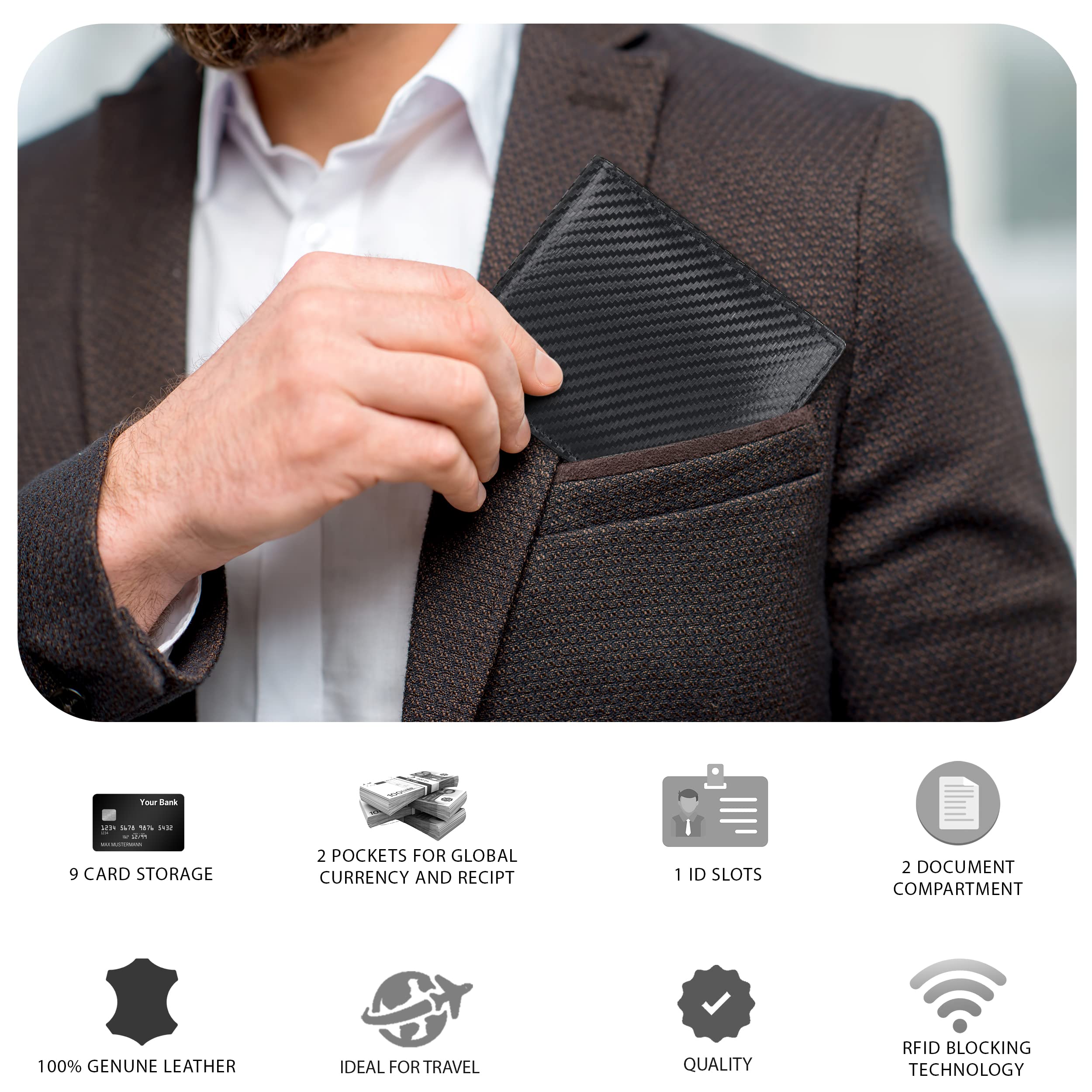Real Leather Bifold Wallet for Men - Billfold Wallets with Credit Cards 1 ID Window Slim Minimalist Front Pocket (Pitch.)