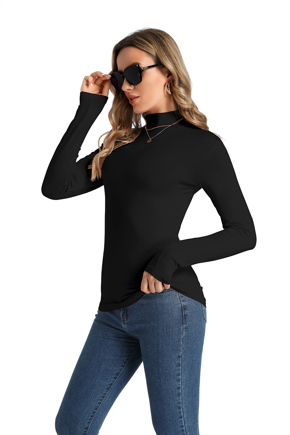 Plus Size Tops for Women Long Sleeve Mock Turtleneck Stretch Slim T Shirt Layer Tops Black XX-Large