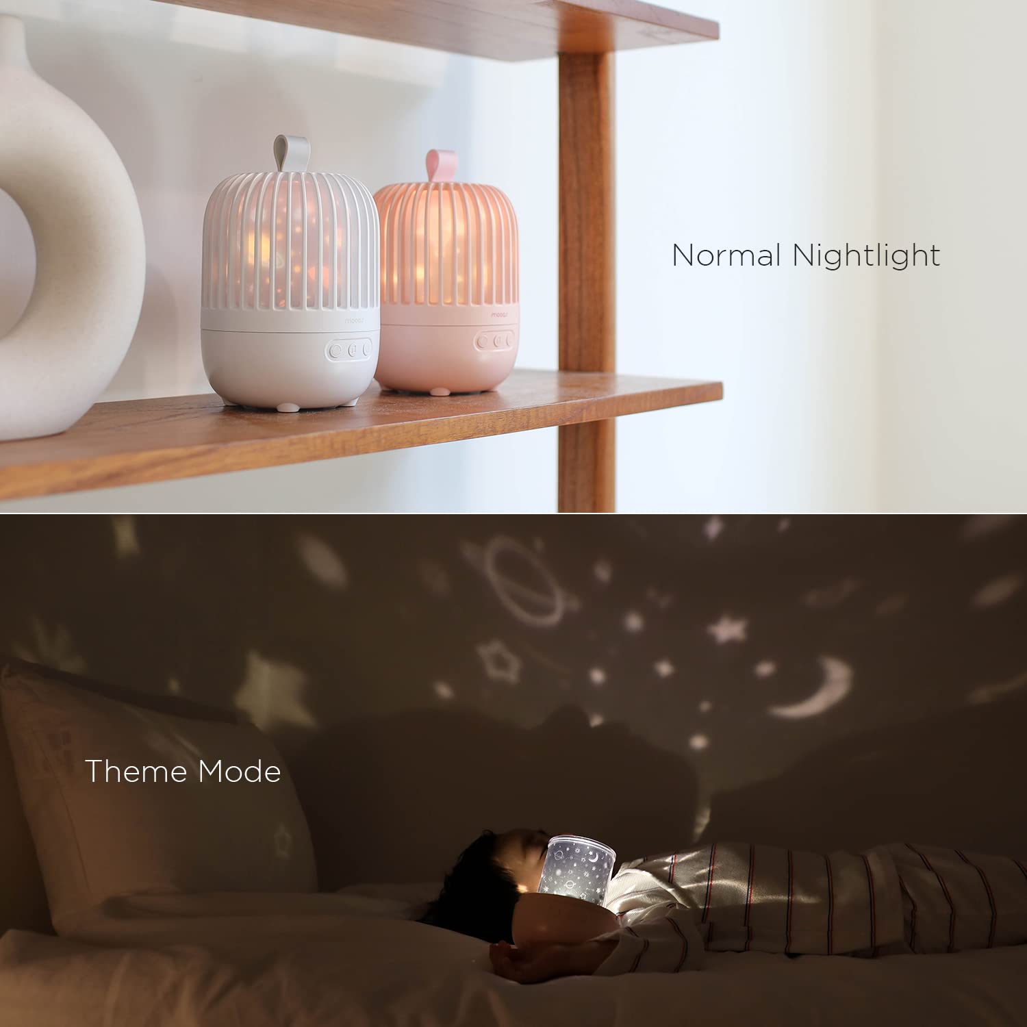 mooas Wonderland Rotating Projector Melody Nightlight (White), 360° Rotating Nightlight, Nightlight for Kids Baby Room, 4 Lighting Modes and 8 Melodies, 9 Theme Films, 1200mAh Rechargeable Battery
