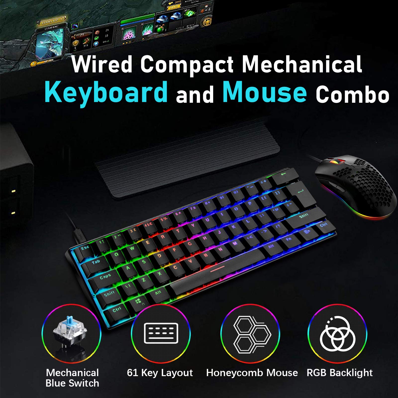 Mechanical Gaming Keyboard and Lightweight Honeycomb Mouse Combo with Rainbow RGB Backlit Full Anti-ghosting 61 Key Ergonomic Programmable Mice Wired USB for Laptop PC Gamer Typist(Black/Blue Switch)