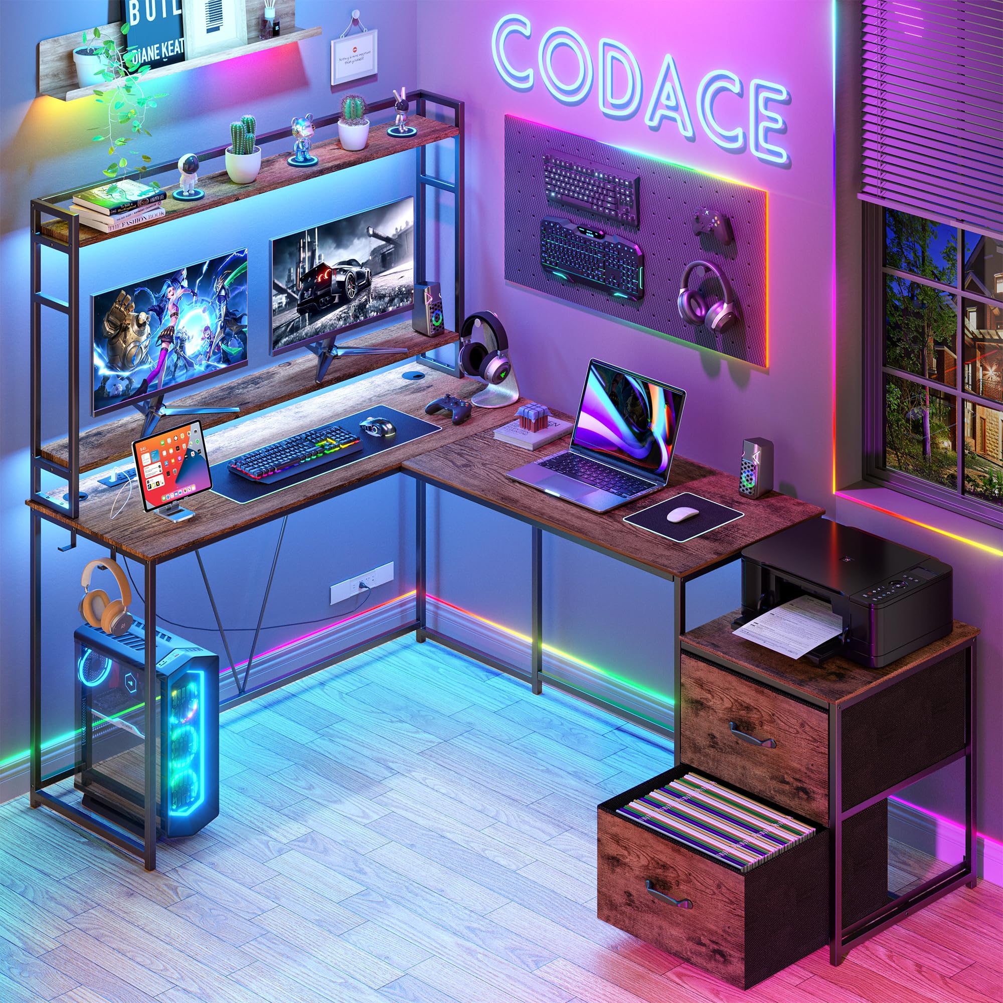 L Shaped Desk with File Drawers & Storage Shelves, 67" Gaming Desk with Power Outlets & LED Lights - Reversible Corner Computer Desk for Home Office with Monitor Shelf, Printer Shelf, Rustic Brown
