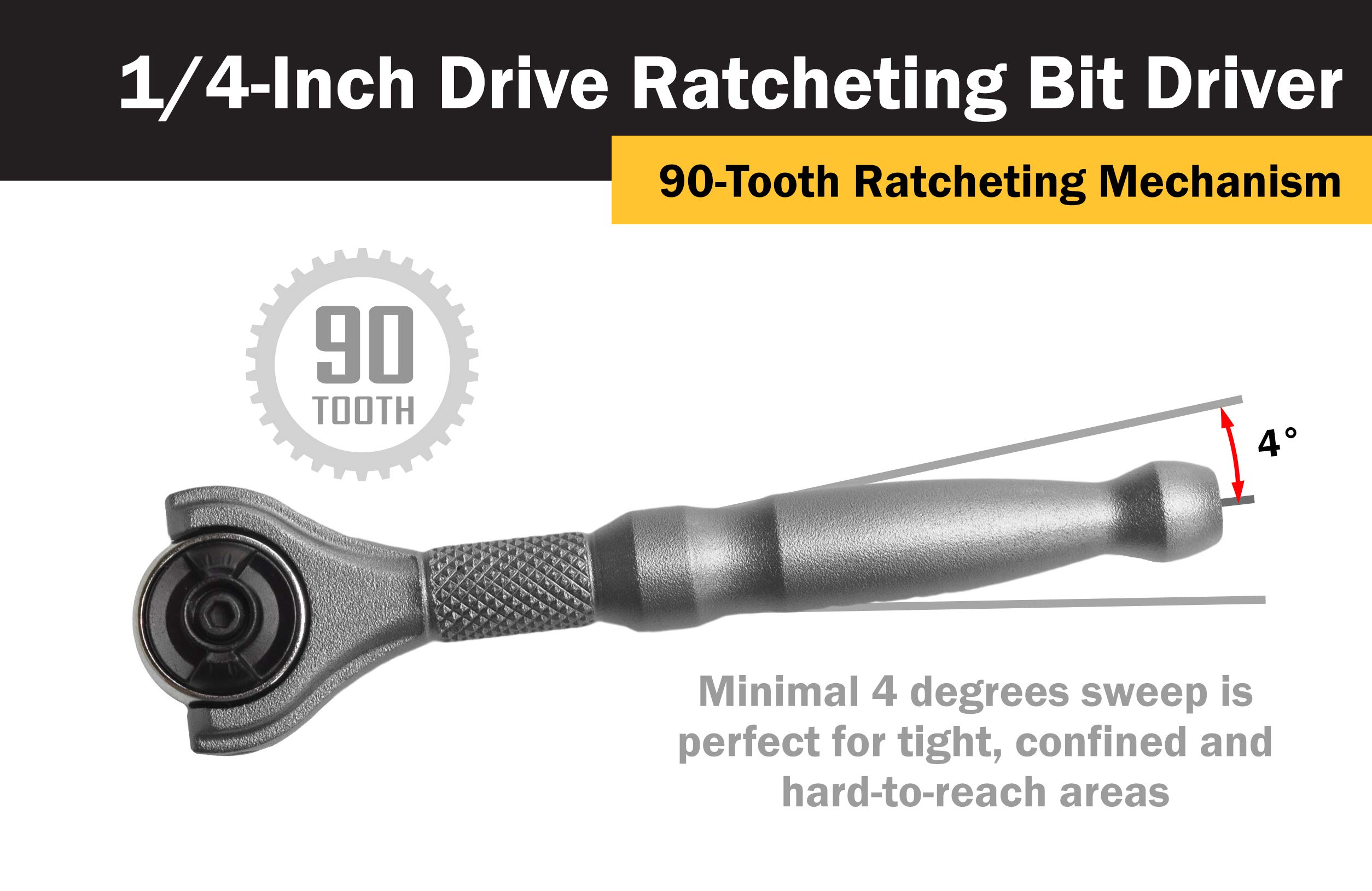Titan 11318 1/4-Inch Drive x 4-Inch 90-Tooth Swivel Head Micro Ratcheting Bit Driver - Silver