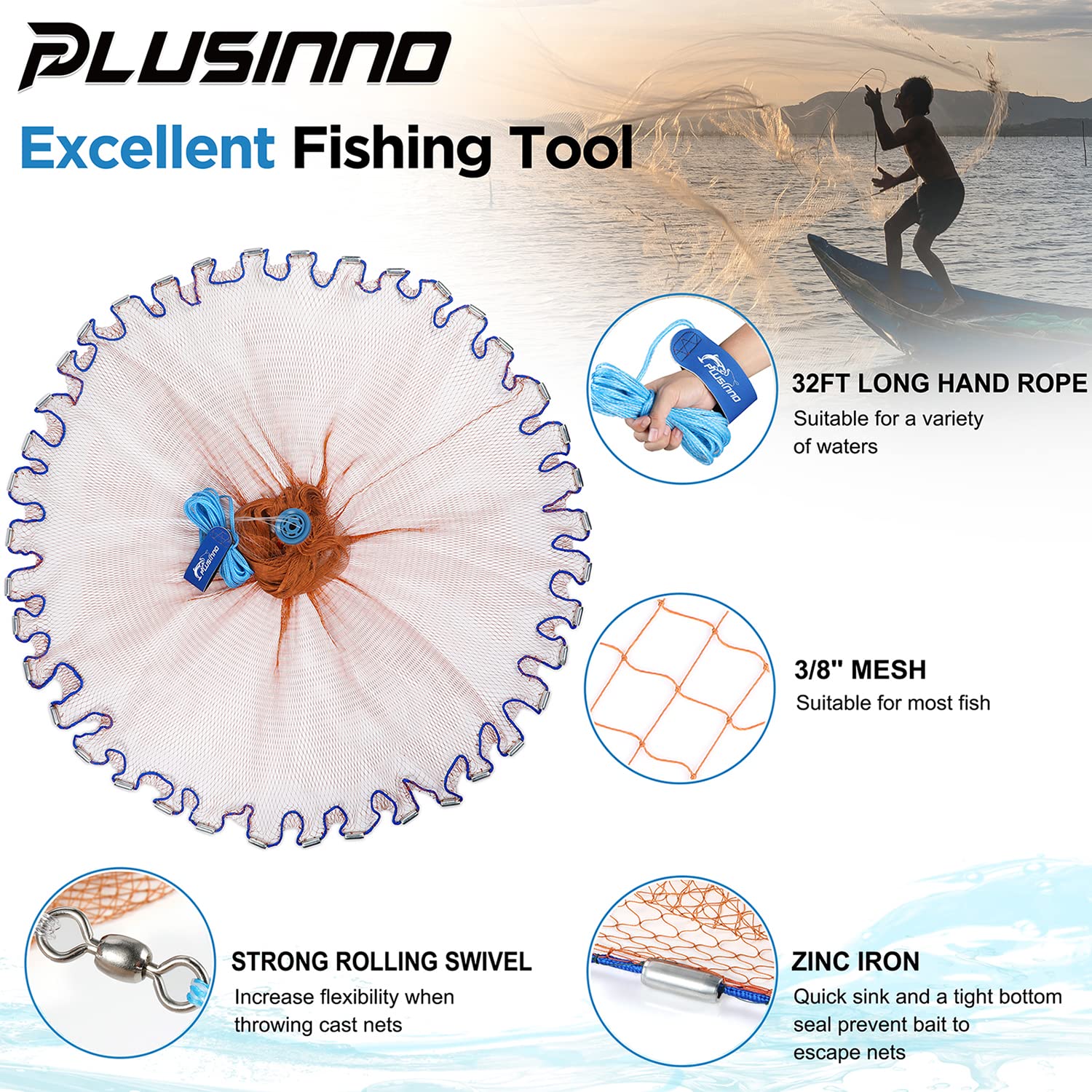 PLUSINNO Fishing Cast Net with Foldable Bucket, 3/8 Inch Mesh Size Cast Nets for Fishing, 4ft/5ft/6ft/7ft Radius Fish Casting Net Freshwater Saltwater, Heavy Duty Throw Casting Nets for Bait Fish