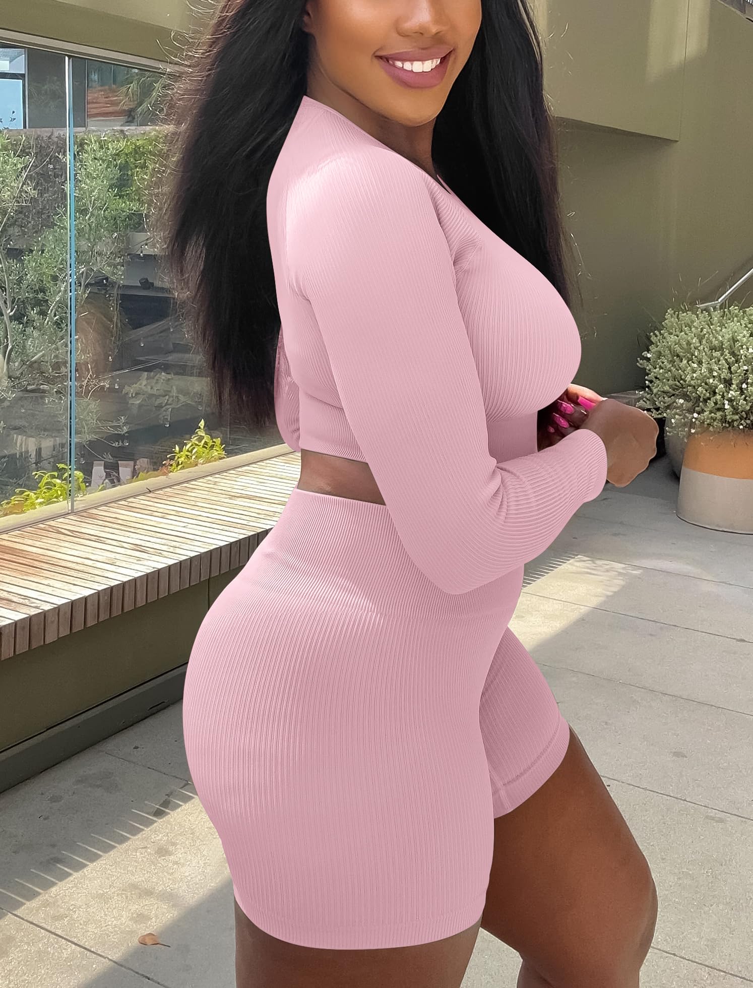 LAOARA Women Gym Sets 2 Piece Outfits Workout Sets Knitted High Waisted Shorts Tracksuits Exercise Set Pink L