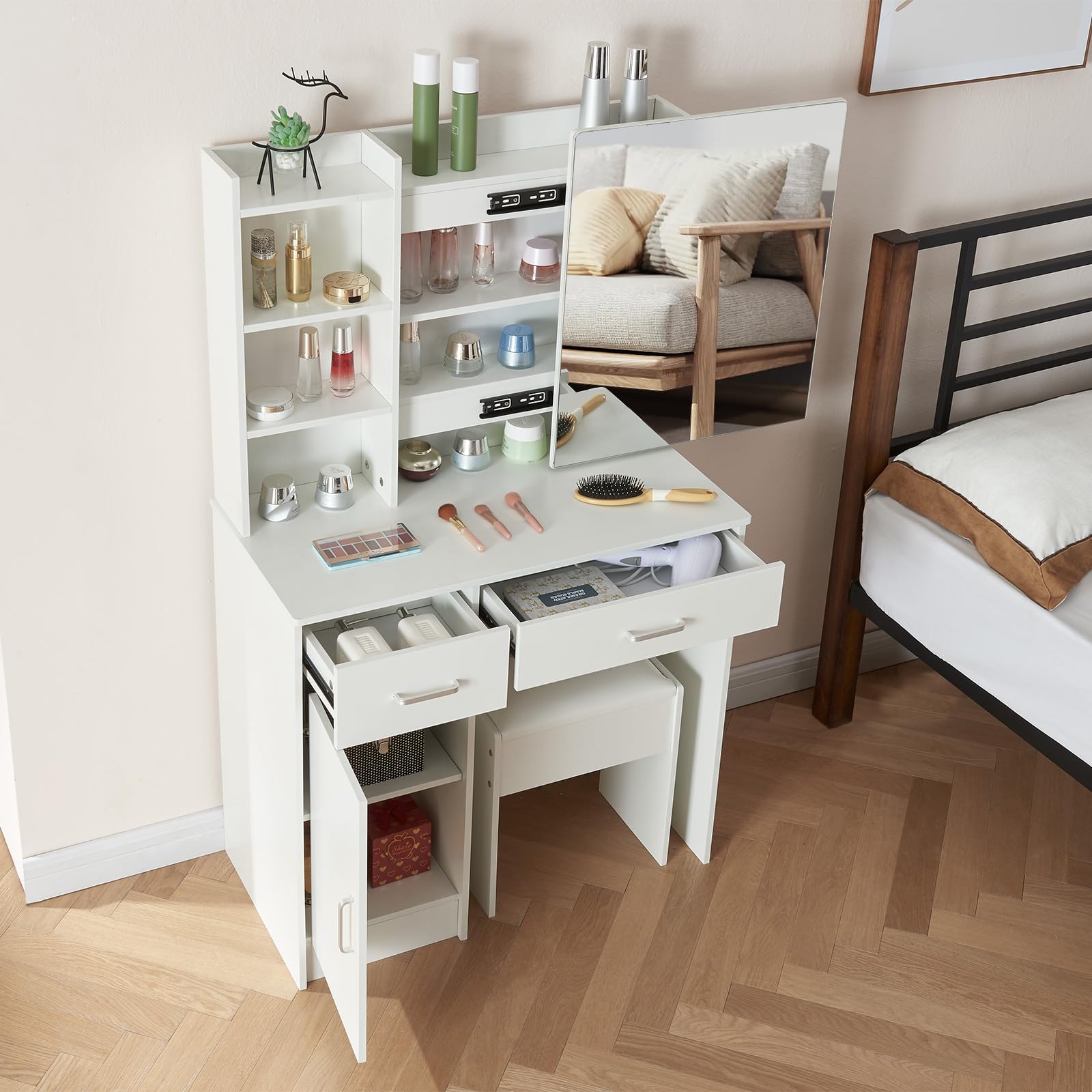 Large 35.4inch(L) Girls Vanity Desk with Lighted Mirror and Cushioned Stool, Makeup Vanity with 6 Storage Shelves, Drawers and Large Cabinet, 3 Lighting Modes Vanity Set for Bedroom