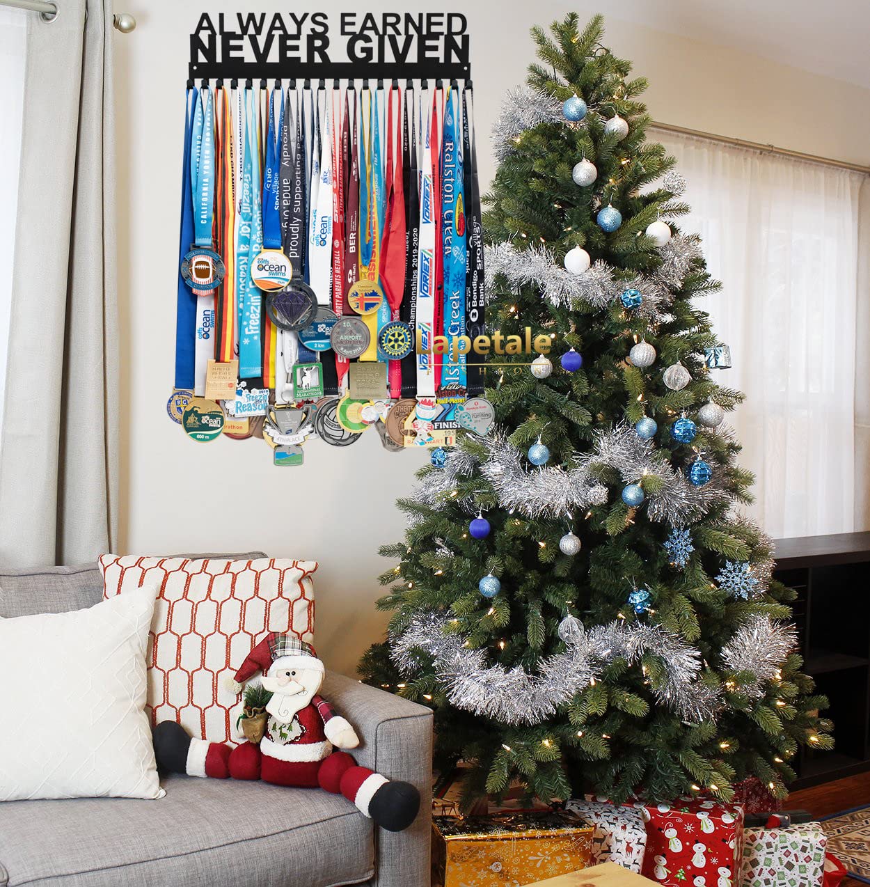 Lapetale Fashion Always Earned Never Given Medal Holder Hanger Display Rack Award Ribbon Organizer for Race,Running,Soccer,Gymnastic,Wrest