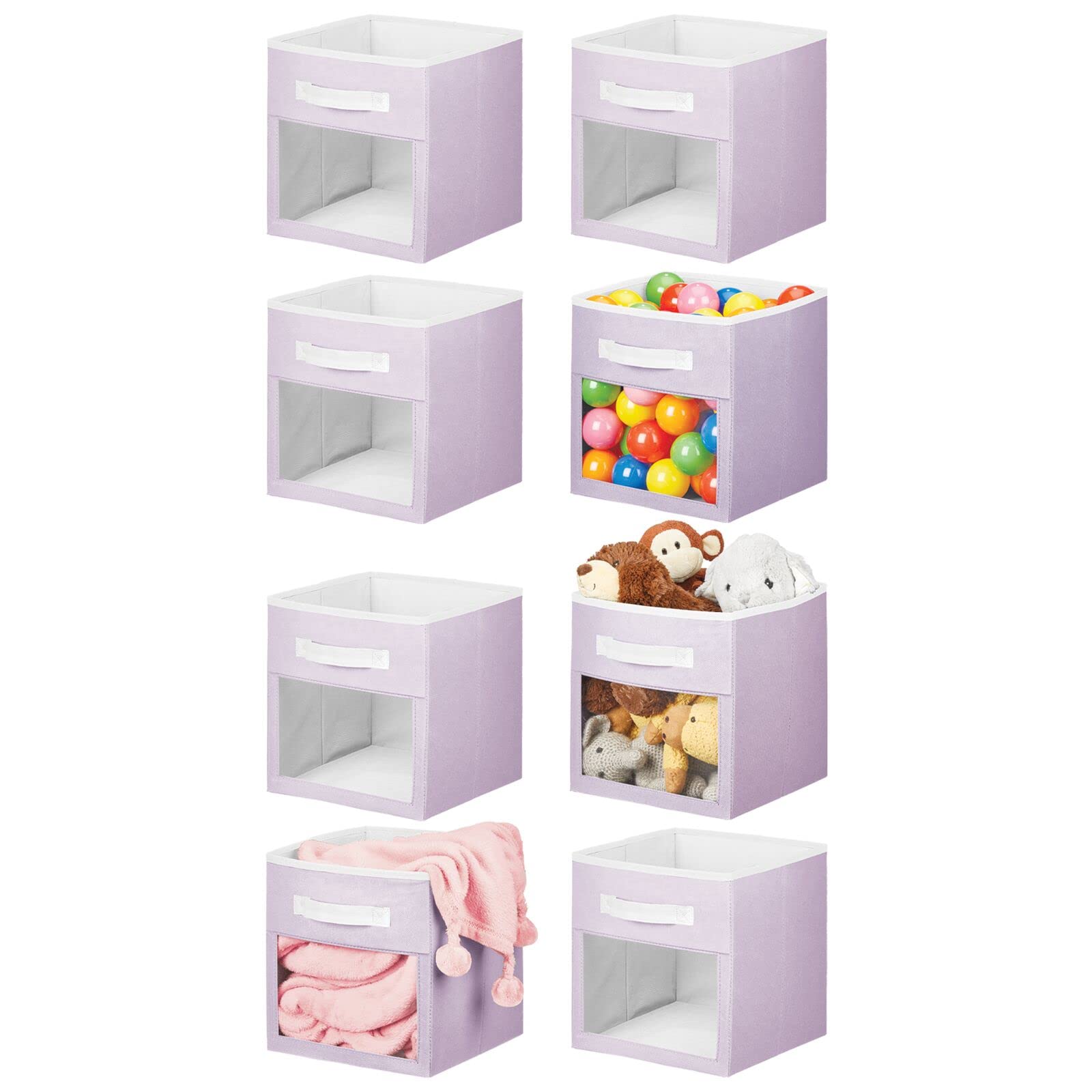 mDesign Fabric Nursery/Playroom Closet Storage Organizer Bin Box with Front Handle/Window for Cube Furniture Shelving Unit, Hold Toys, Clothes, Diapers, Bibs, Jane Collection, 8 Pack, Lt. Purple/White
