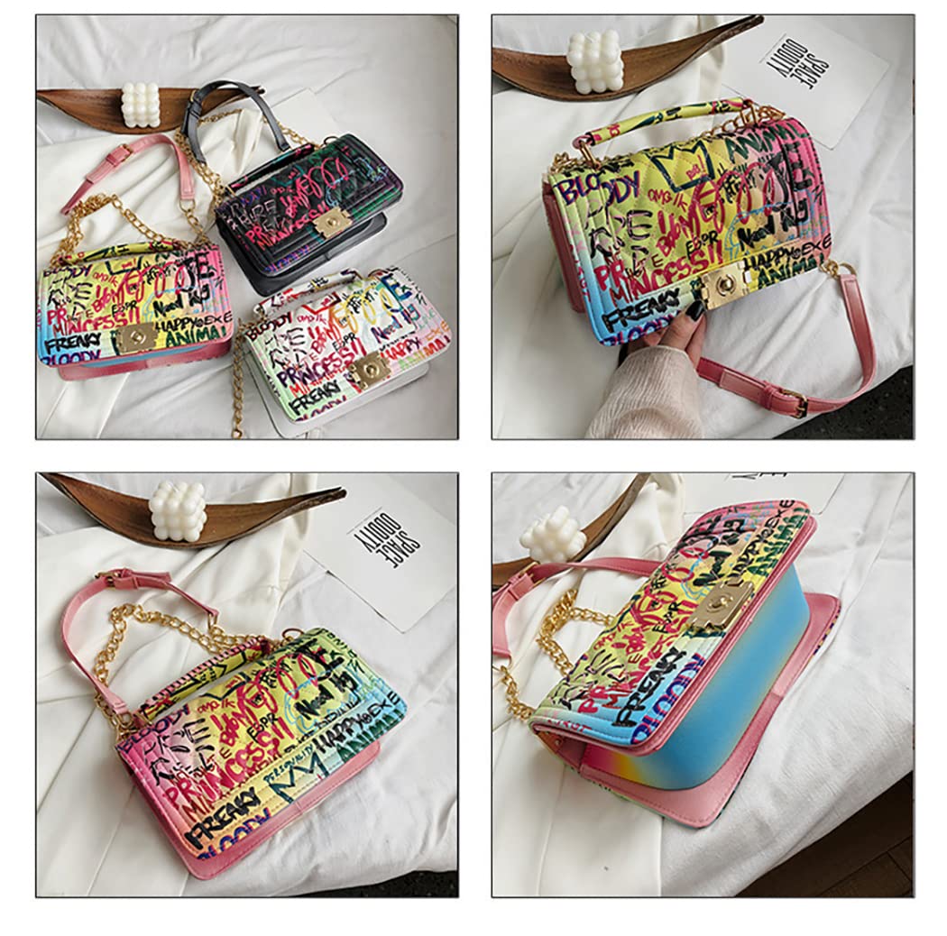 Small Rhombus Stitching Shoulder Bag, Fashion 2022 Graffiti Retangle Crossbody Handbag PU Leather (White)