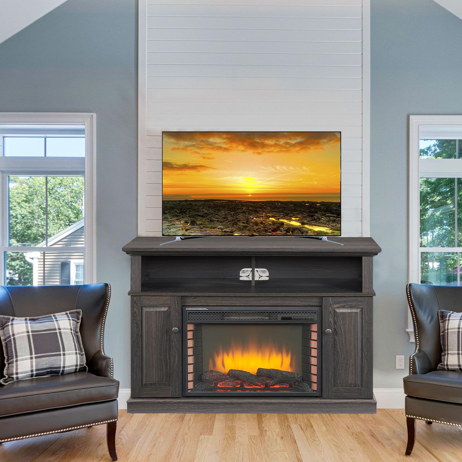 NURTUDIS TV Stand with 27β Fireplace, Fireplace & Overheating Protection and 1-8H Timer Function, Fireplace with Realistic Flame Effect, Modern TV Stand with 2 Cabinet Door for TVs up to 55"