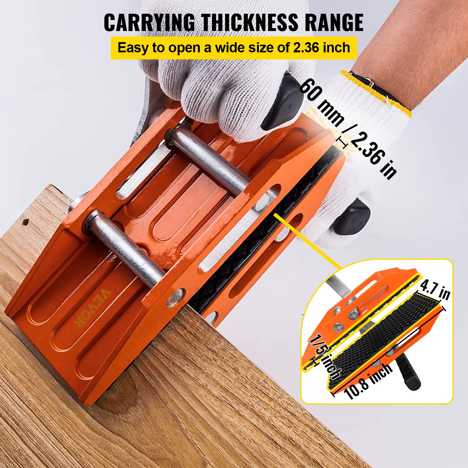 VEVOR 2 PCS Double Handed Stone Carrying Clamps, 2.36 inch (60mm) Granite Lifting Tools with Slip-proof Rubber Pads, 550 lbs Loading Capacity for Moving Marble, Glass, Slabs and Plywood