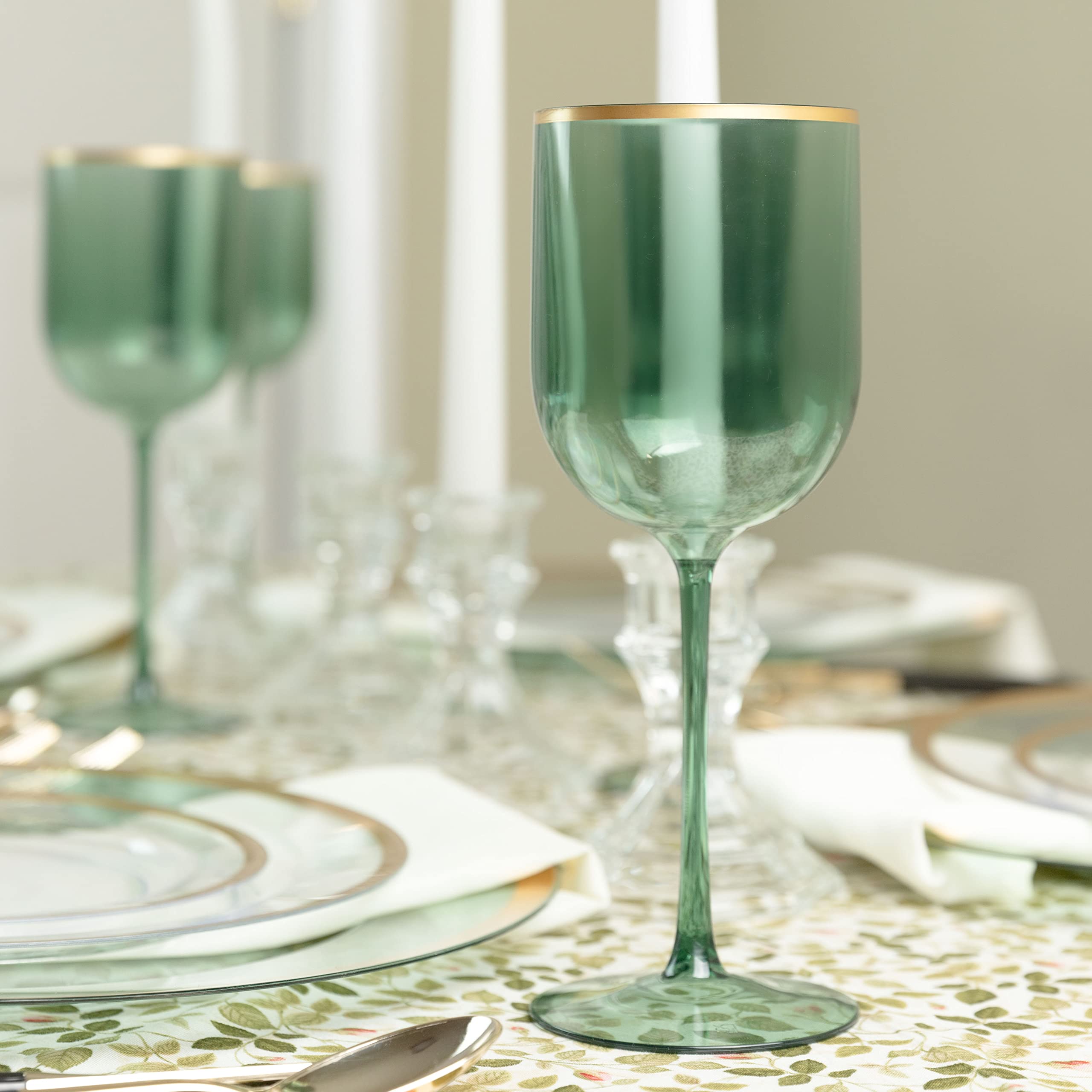 PLASTICPRO Green Wine Cup with Gold rim Plastic Wine Glasses Set of 10 Elegant Wine Goblets Hard Plastic Wine Cups on Stem 12 Ounce Christmas Cups