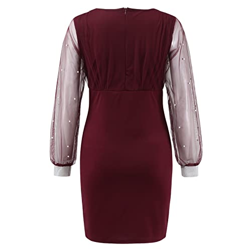 Pinkpaopao Lace Mesh Long Sleeve Wrap Dress for Women Sequins V Neck Elegant Party Dress Solid Color Patchwork Dress