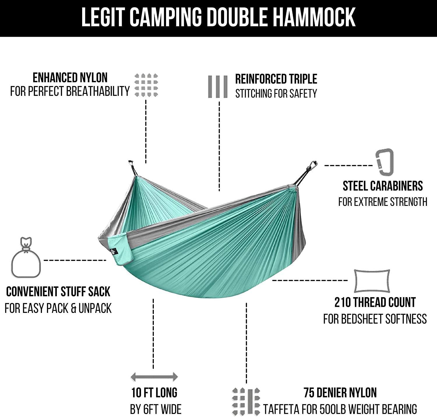 Legit Camping Hammock - Hammocks - 2 Person Hammock - Tree Hammock - Double Hammock - Portable Hammock - Outdoor Hammock - Hammock - Travel Hammock - Hammocks for outside - Heavy Duty Hammock
