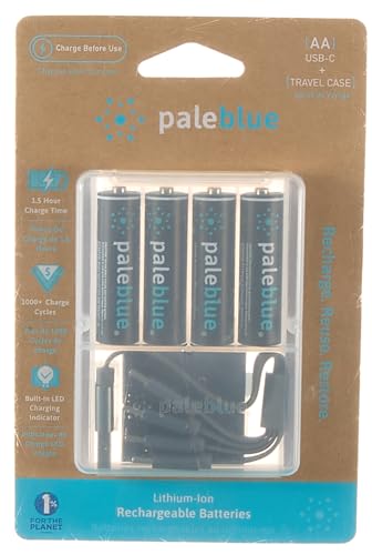 USB Rechargeable AA Batteries by Pale Blue, Lithium Ion 1.5v 1700 mAh, Charges Under 1 Hours, Over 1000 Cycles, 4-in-1 USB-A to USB-C Charging Cable, LED Charge Indicator, 4-Pack