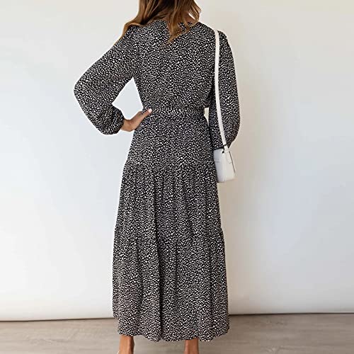 Pinkpaopao Long Swing Dress for Women Pattern Printed Elegant Patchwork Ankle-Length Dress Deep V Neck High Waist Dress