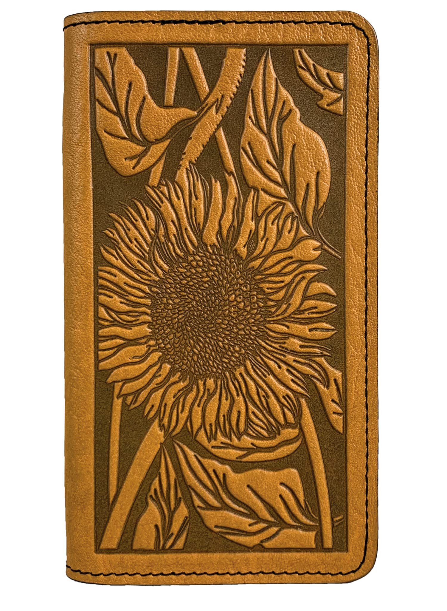 Oberon Design Sunflower Embossed Genuine Leather Checkbook Cover, 3.5x6.5 Inches, Marigold, Made in the USA