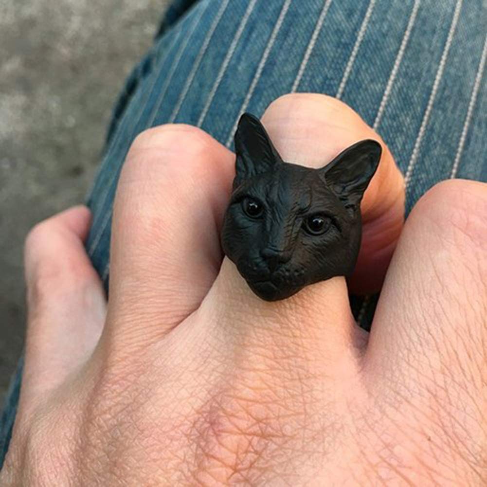 New Adjustable Black Big Head Cat Rings Women Men Jewellery (Black)