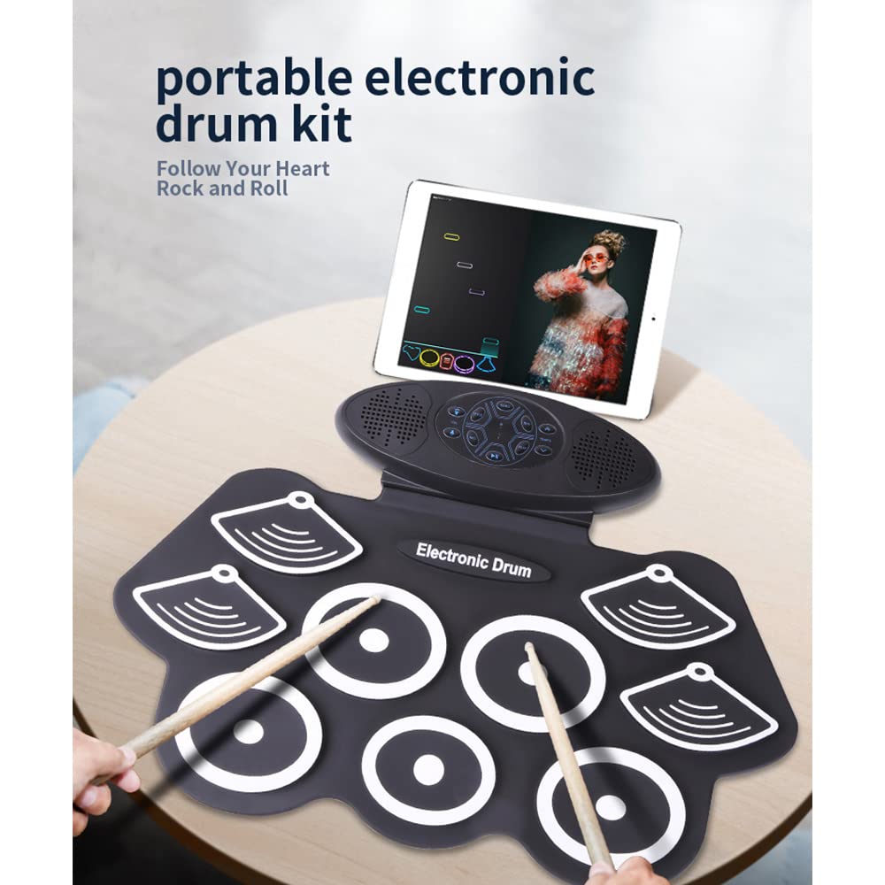 Taruor Portable 9 Pads Electronic Drum Set Roll Up Silicone Practice Drum Pad Built-in 2 Speakers Stereo Rechargeable Multifunction Tabletop Drum Support Recording Function/Audio Input/MIDI Output