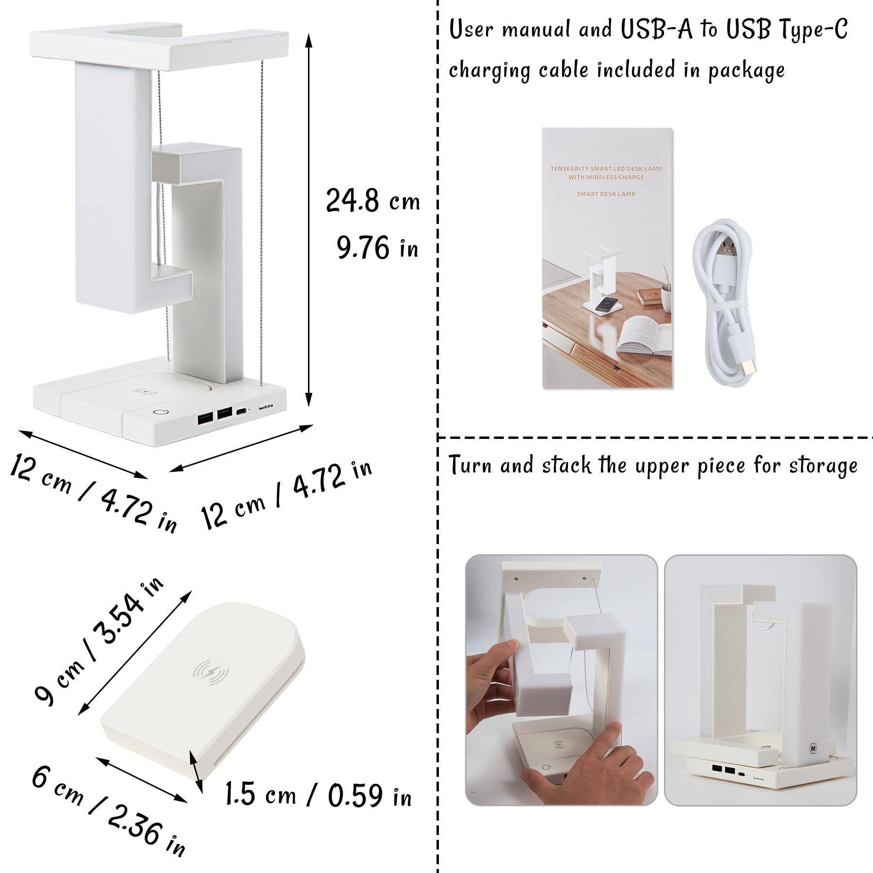 Miness White Tensegrity Levitating LED Desk Lamp with 2 USB Ports and Portable Wireless Charging for Cell Phone