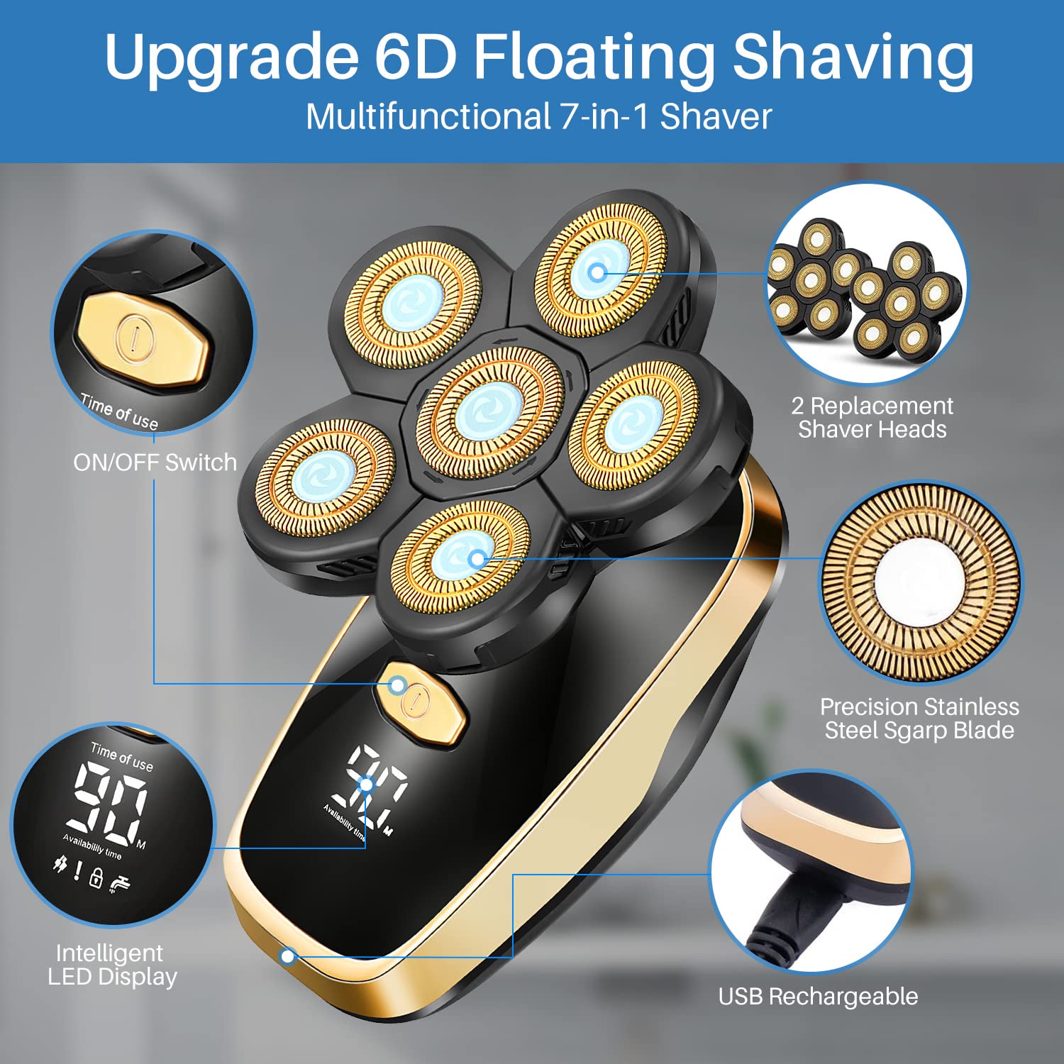 Vsmooth Head Shavers for Bald Men Multifunctional Bald Head Shaving Grooming Kit Cordless Electric Shaver for Balding Head Man Rotary Shavers Waterproof Electric Razor Rechargeable Shaving for Men