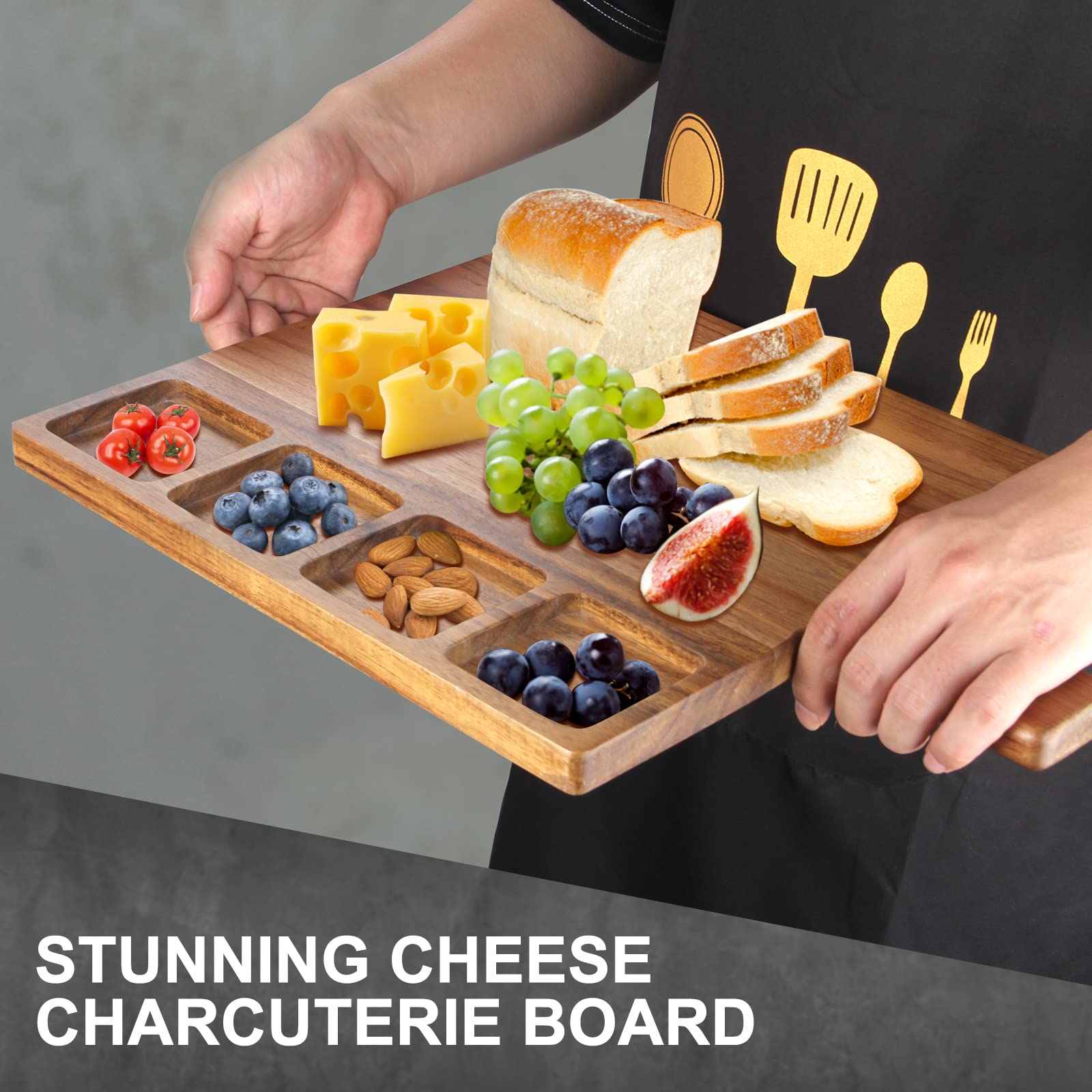 Large 17"x 12" Acacia Wooden Cutting Board With Handle Fruit Charcuterie Platter Boards Wood Serving Cheese Board Best Cutting Boards for Kitchen Meat Chopping Board Butcher Blocks Carving Board