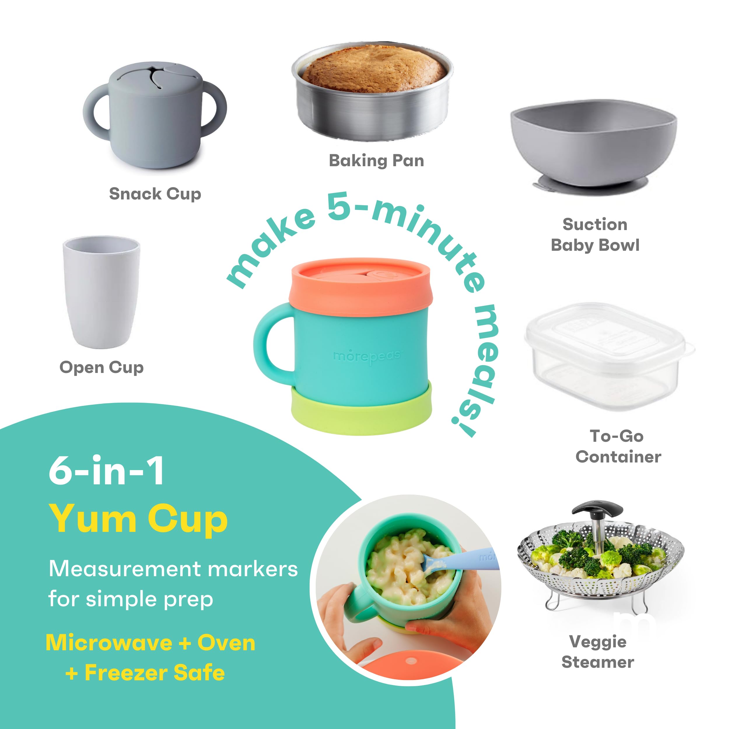 morepeas 6-Way Snack Cup | Steam Veggies, Scramble Eggs, Bake Cakes & more | Reversible Lid & Suction Base | Snack Catcher | Dishwasher, Microwave, Freezer Safe | BPA Free Silicone Bowl | Blueberry