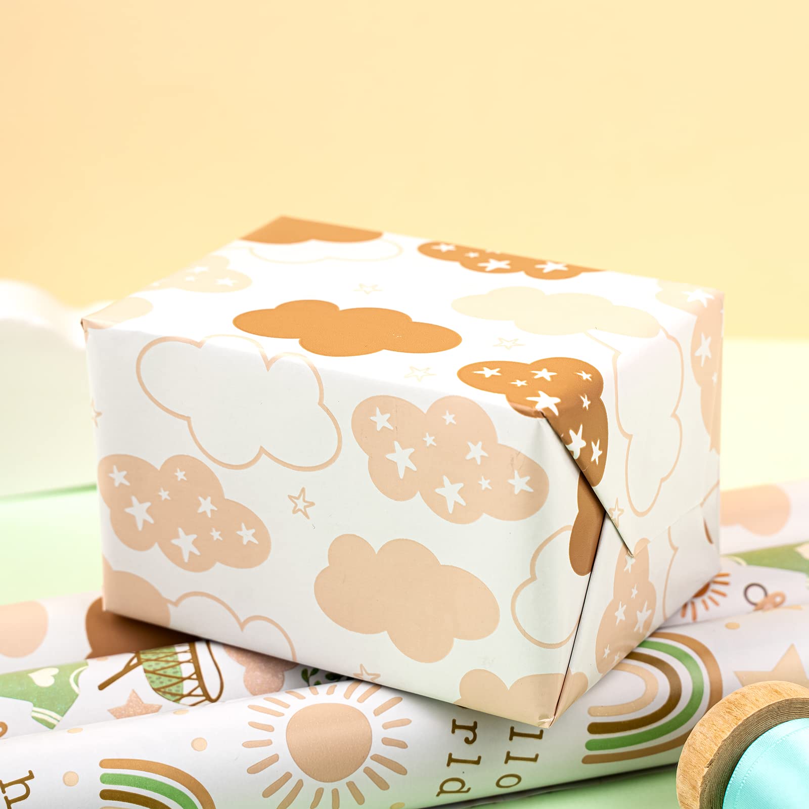 LeZakaa Baby Shower Wrapping Paper Roll - Mini Roll - Baby Suit/Rainbow, Sun/Cloud for Baby Boy, Girl - 17 x 120 inches - 3 Rolls (42.5 sq.ft.ttl.)