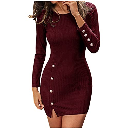 Pinkpaopao Women Sweater Wrap Dress Side Split Button Long Sleeve Round Neck Solid Color Slim Knitted Mini Dress