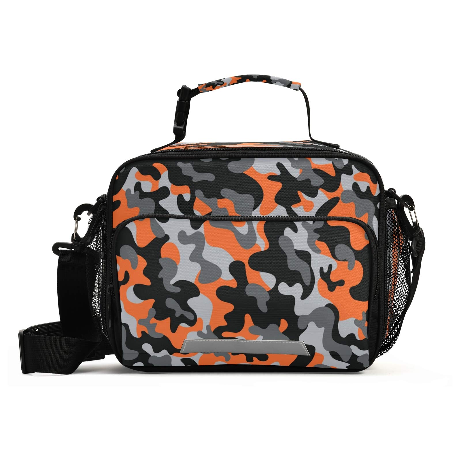 Qilmy Black Orange Camo Lunch Bag Insulated Waterproof Reusable Lunch Tote Bag with Detachable Shoulder Strap, Zipper Lunch Box for School Office Travel Picnic
