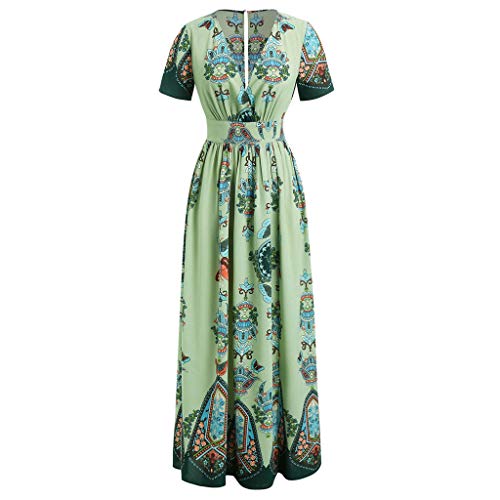 Pinkpaopao Women's Boho Butterfly Printed Long Dress Loose Plus Size Wrap V-Neck Dress Short Sleeve Split Beach Dress