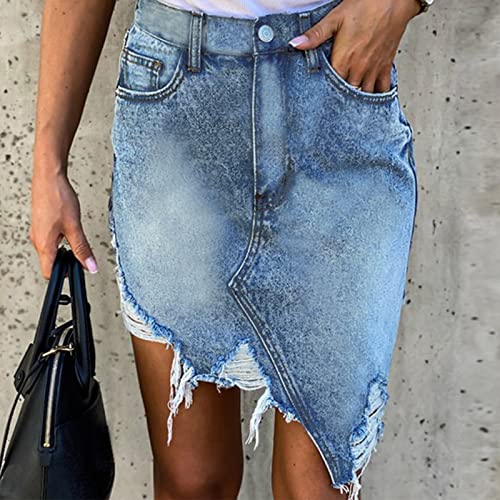 Tenworld Womens Denim Skirt Distressed Jeans for Women Side Slit Daily Casual Classic Blue Buttons Pockets Ripped White