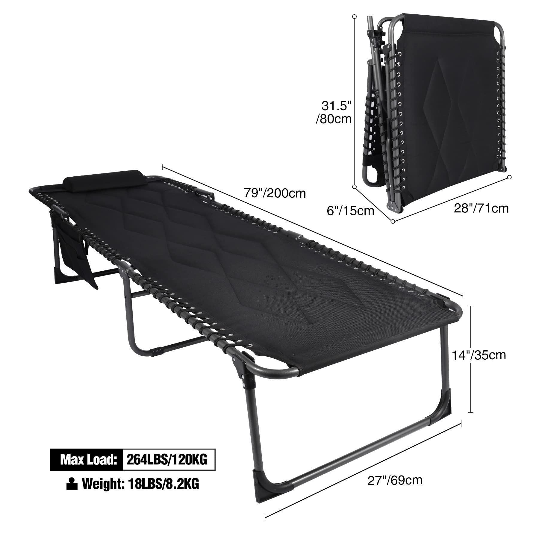RedSwing Folding Sleeping Cot with Cotton for Adults, Extra Wide 4-Position Adjustable Folding Chaise Lounge Chair with Pillow, Outdoor Portable Camping Cot for Travel Beach Patio, 79"×27" Black
