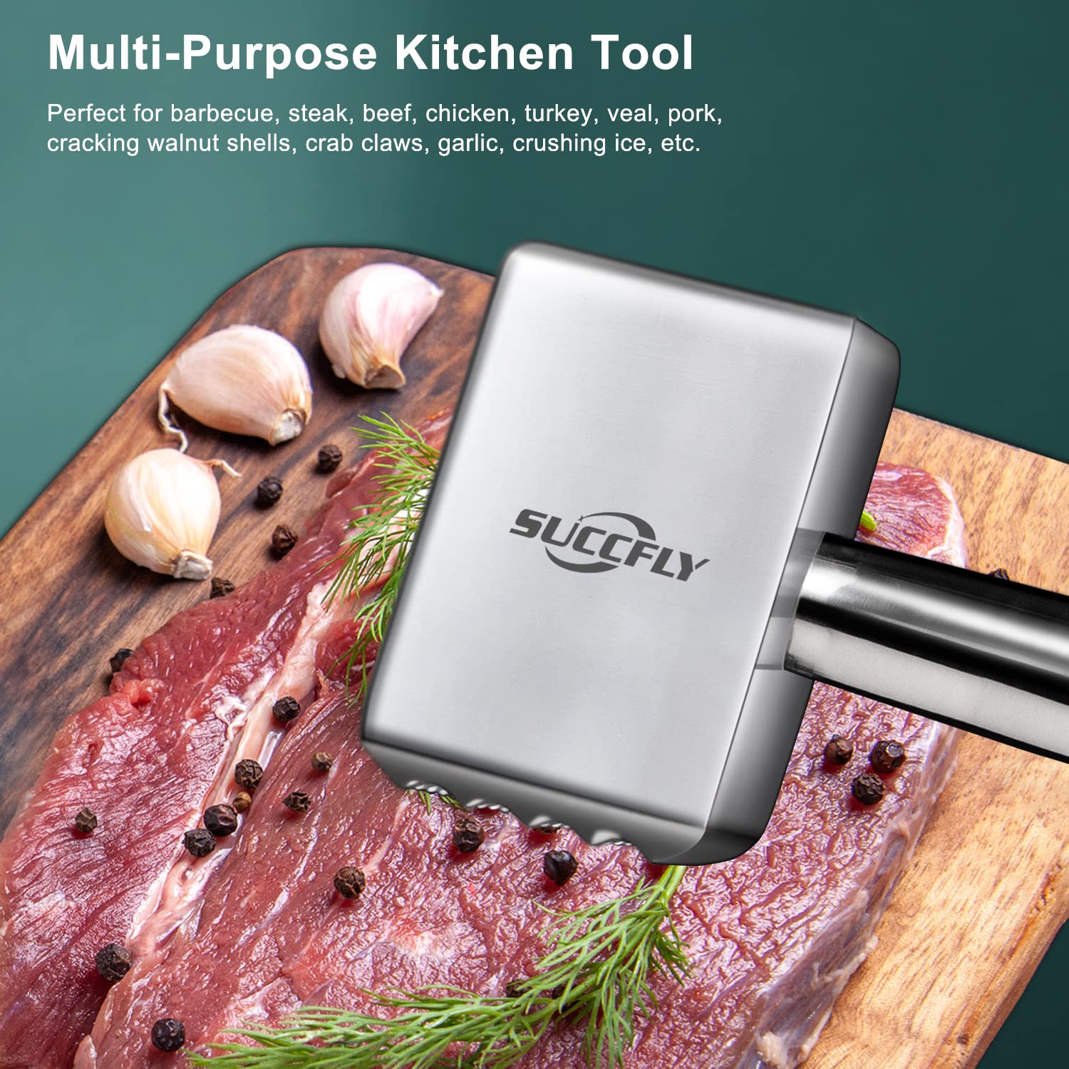 SUCCFLY Meat Tenderizer Stainless Steel, Heavy Duty Meat Hammer, Kitchen Meat Mallet, Meat Pounder Flatterner Weighted Hammer Extended Handle for Labor-saving Chicken Steak Meat Tenderizer Tool(1.6LB)