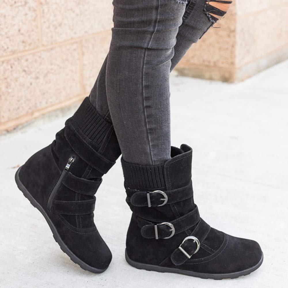 NOLDARES Boots for Women Winter Round-Toe Buckle Strap Zipper Boots Flats Low-Heeled Western Combat Mid Calf Boots Black, 9
